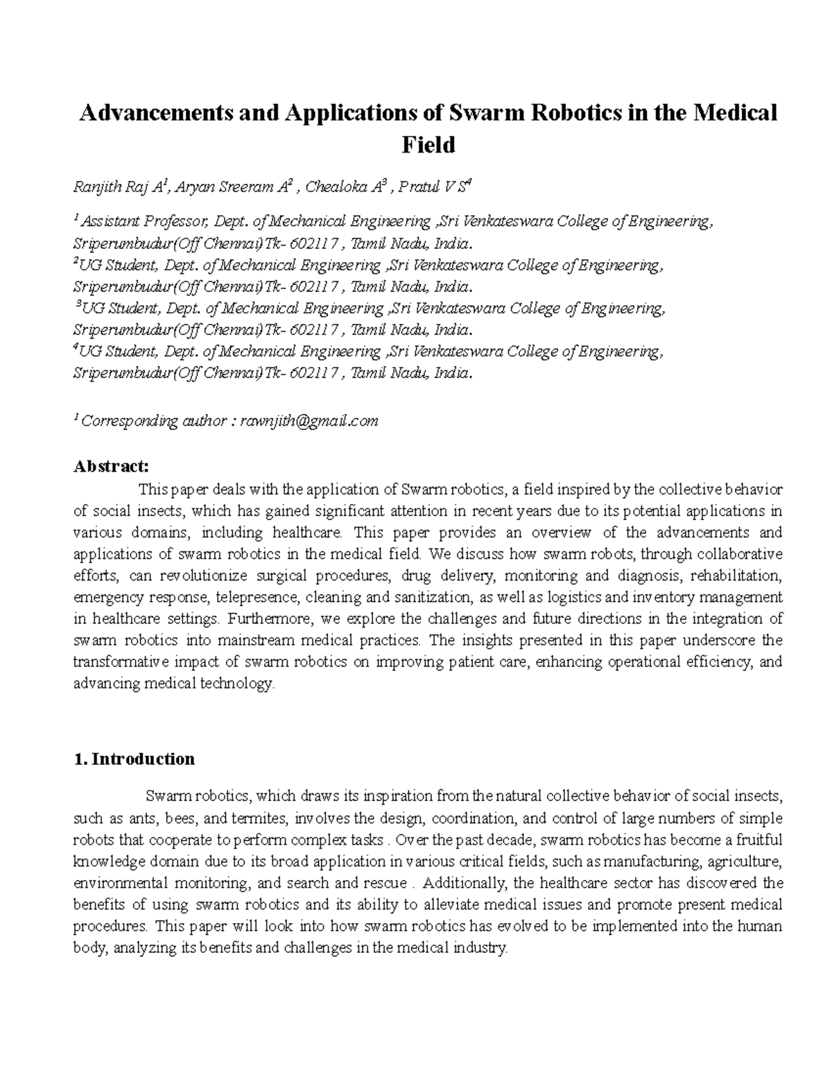 Copy of Swarm Robotics - Google Docs - Advancements and Applications of Swarm Robotics in the ...
