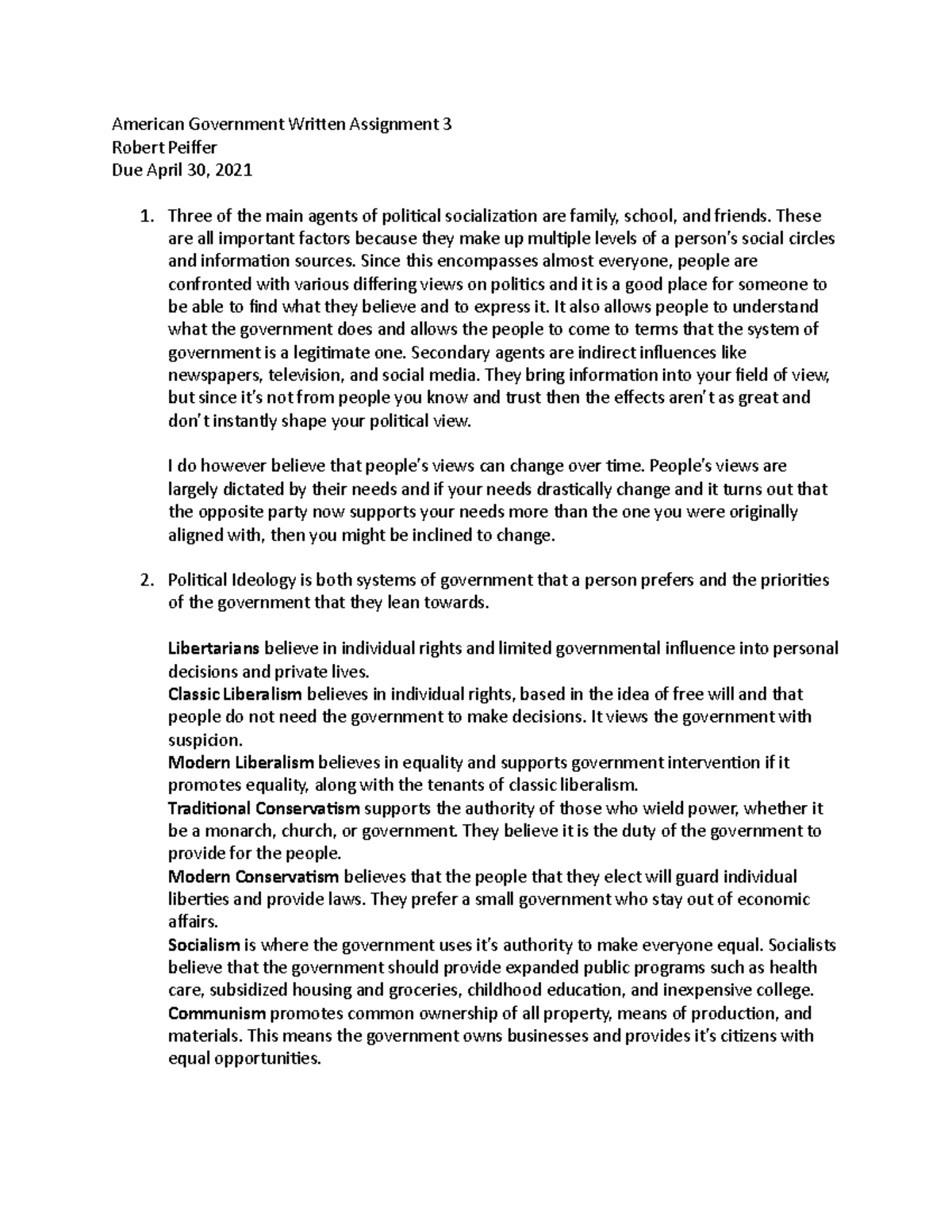 American Government WA3 - American Government Written Assignment 3 ...