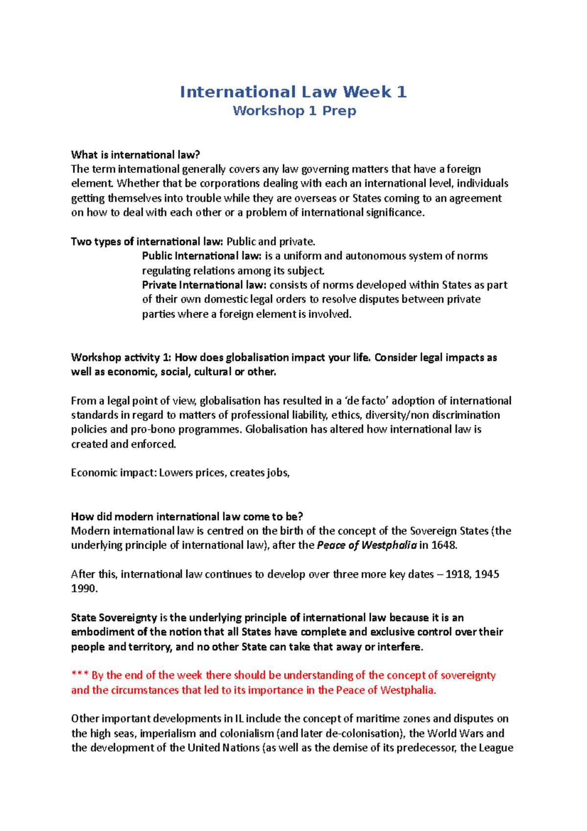 International Law Week 1 content - International Law Week 1 Workshop 1 ...