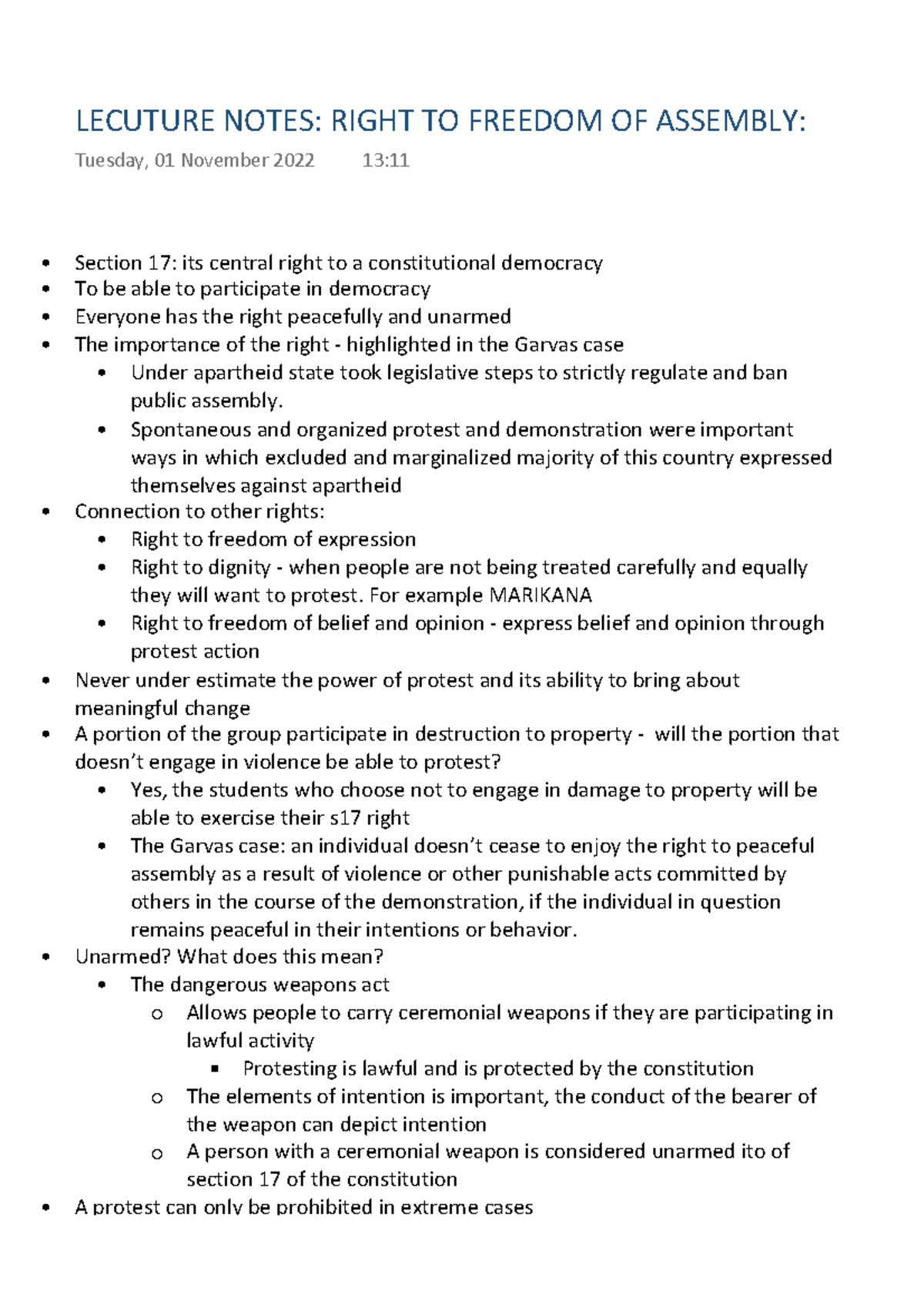 Lecuture notes - right to freedom of assembly - " Section 17: its ...