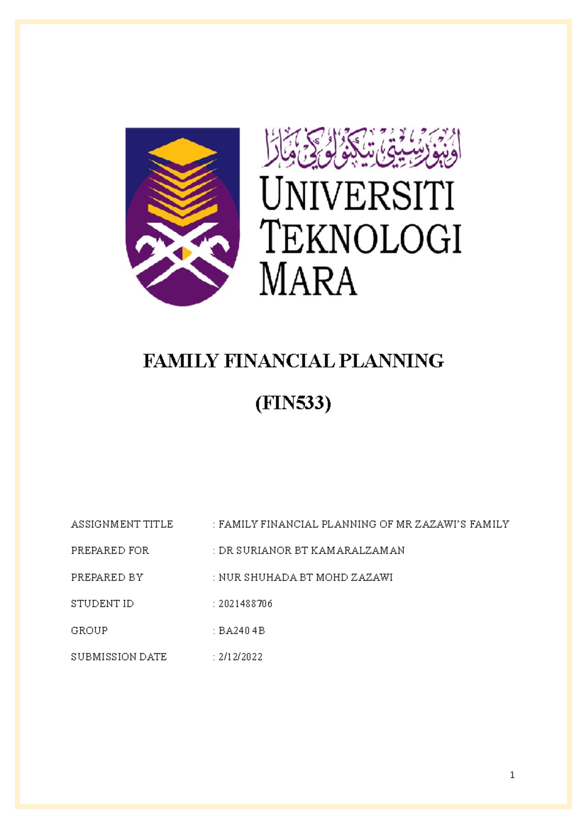 FIN533 Financial Planning - FAMILY FINANCIAL PLANNING (FIN533 ...