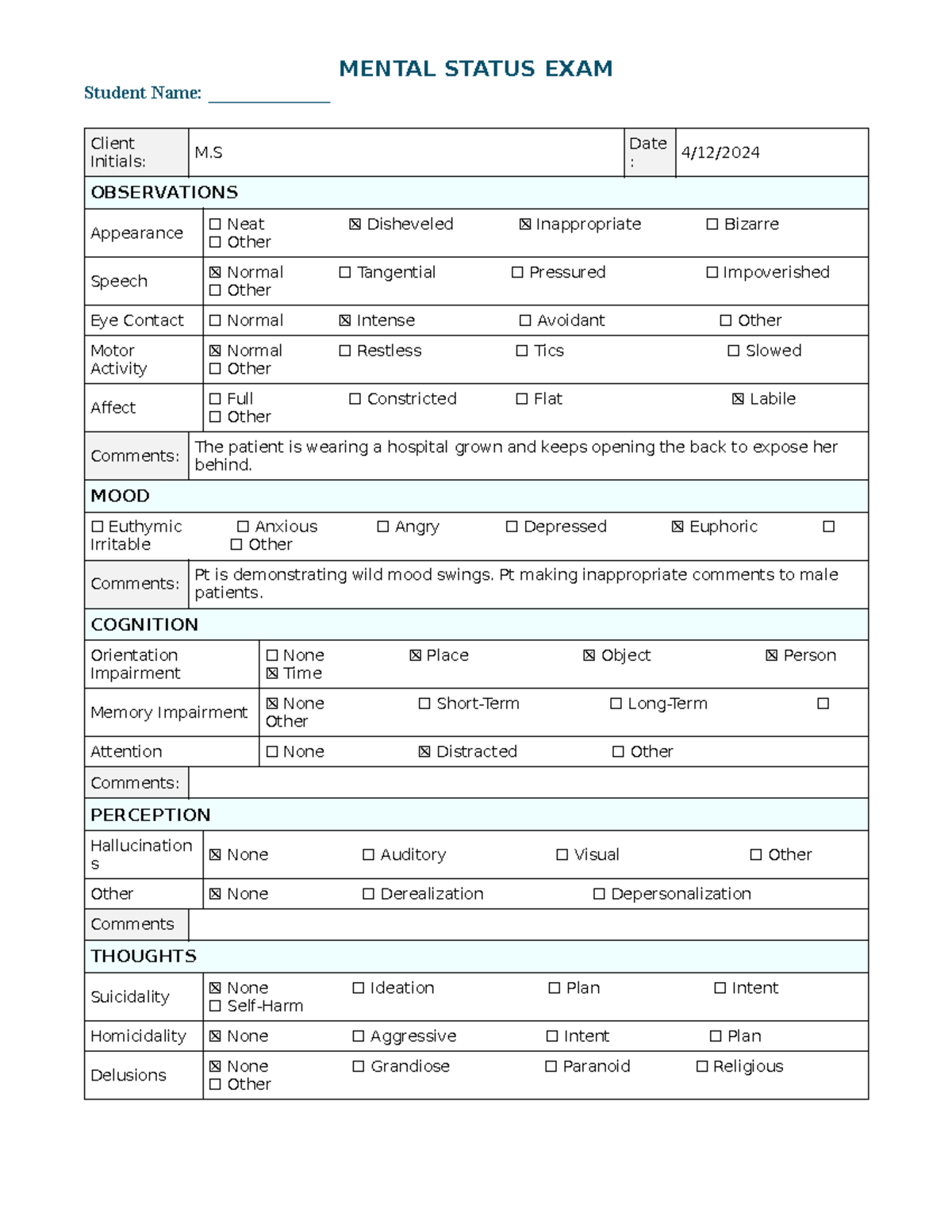 MSE 3 - MENTAL STATUS EXAM Student Name: _____________ Client Initials ...
