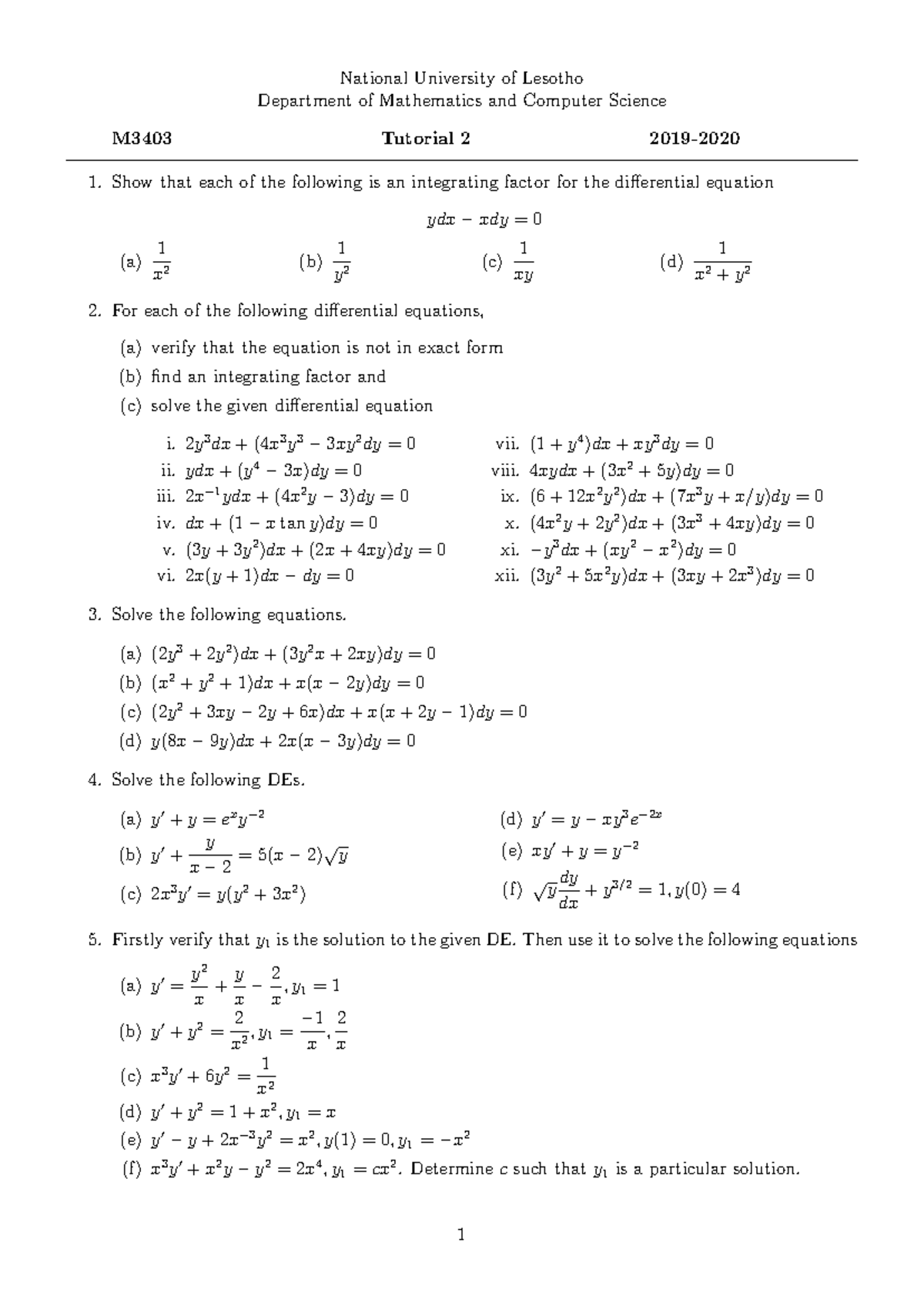 Tutorial 2 M3403 Tutorial National University Of Lesotho