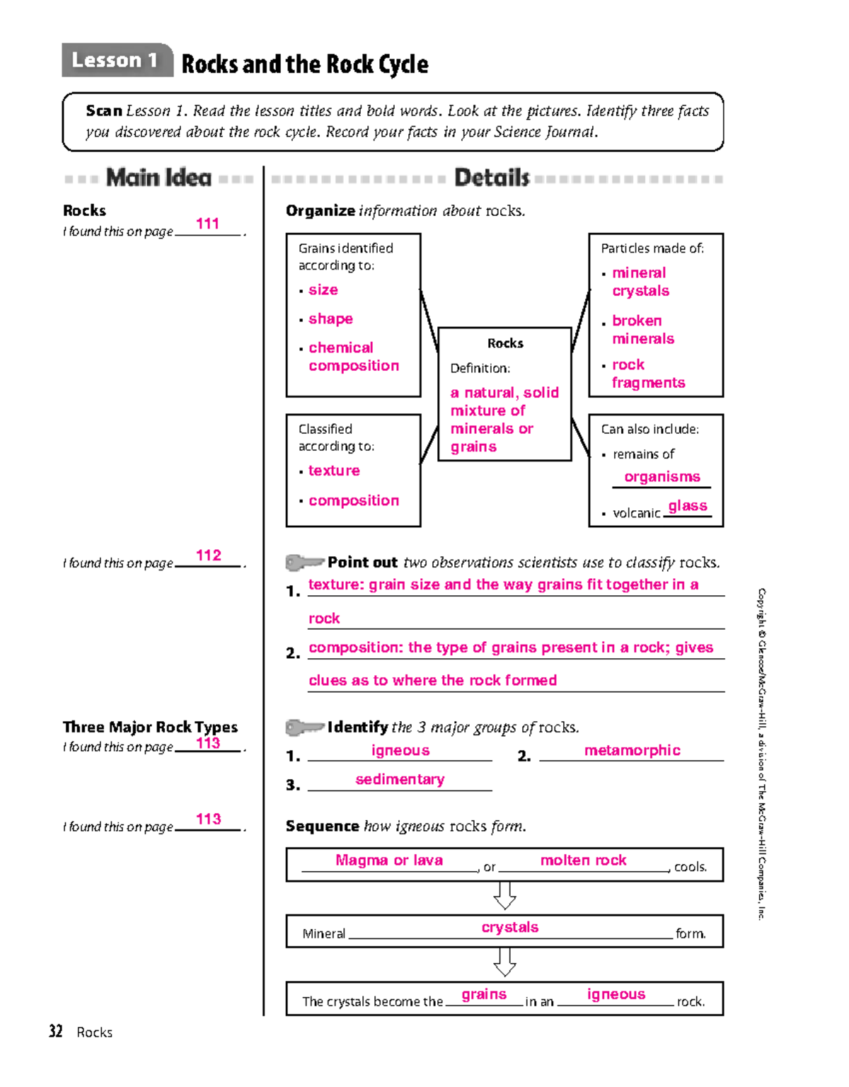 Rock cycle answers - 32 Rocks Lesson 1 Scan Lesson 1. Read the lesson ...