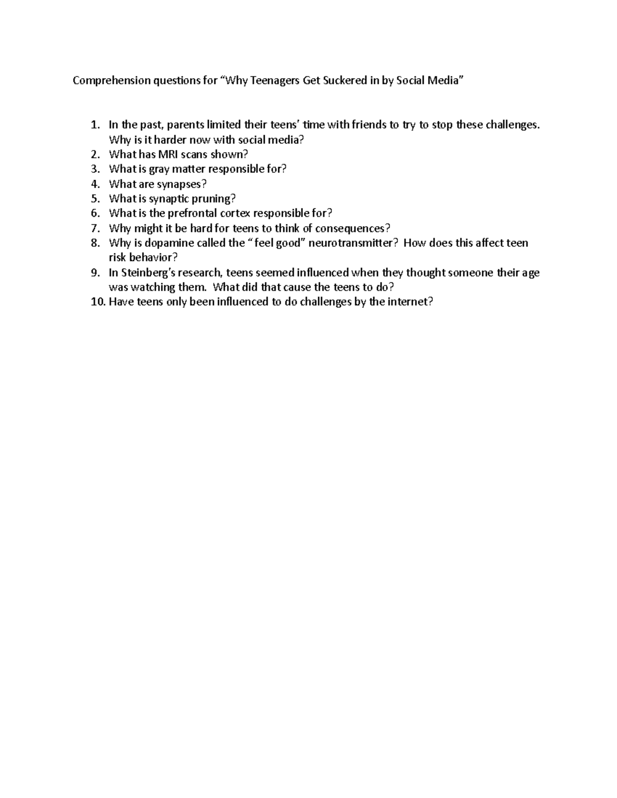 Comprehension questions for Why Teenagers Get Suckered in by Social ...