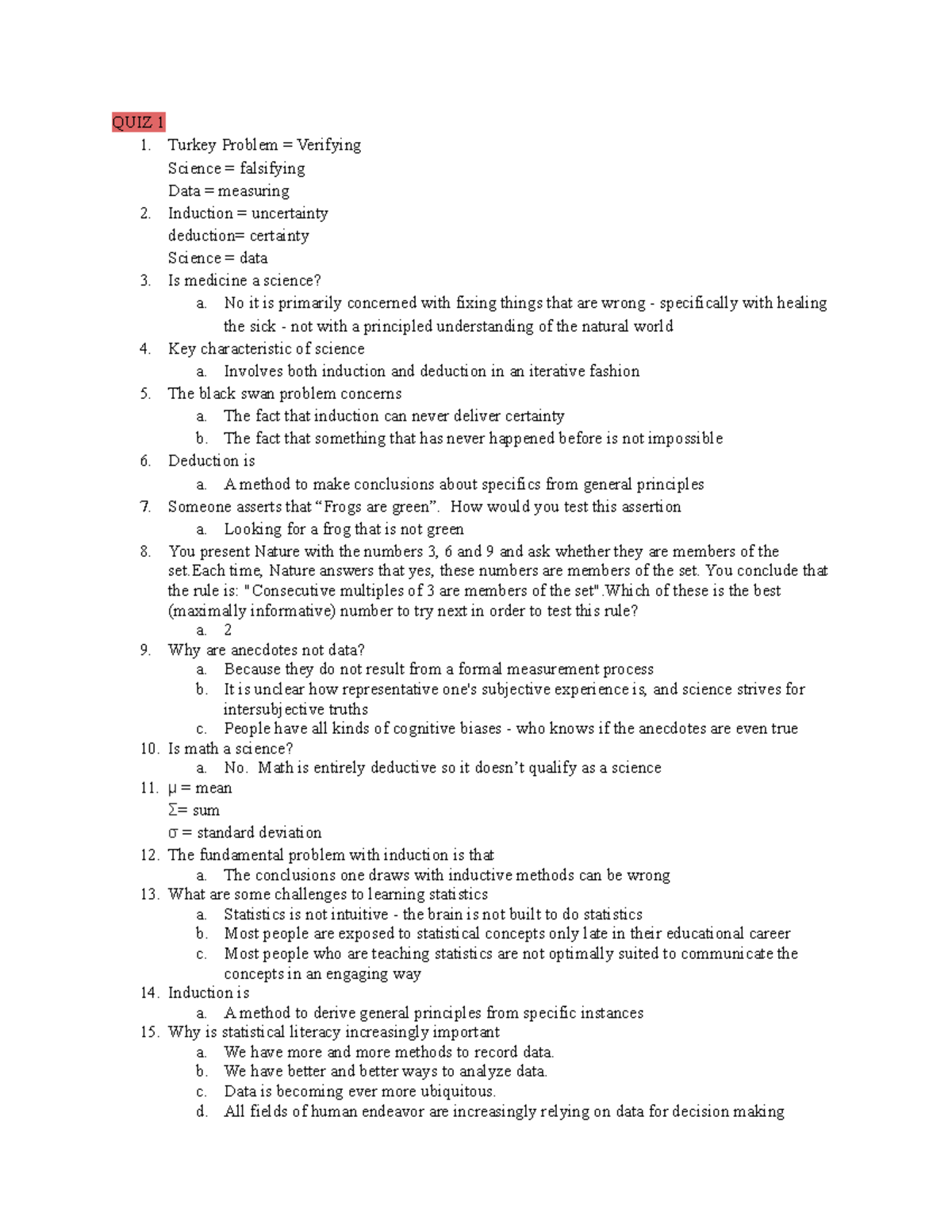 Quiz Solutions - QUIZ 1 Turkey Problem = Verifying Science = falsifying ...