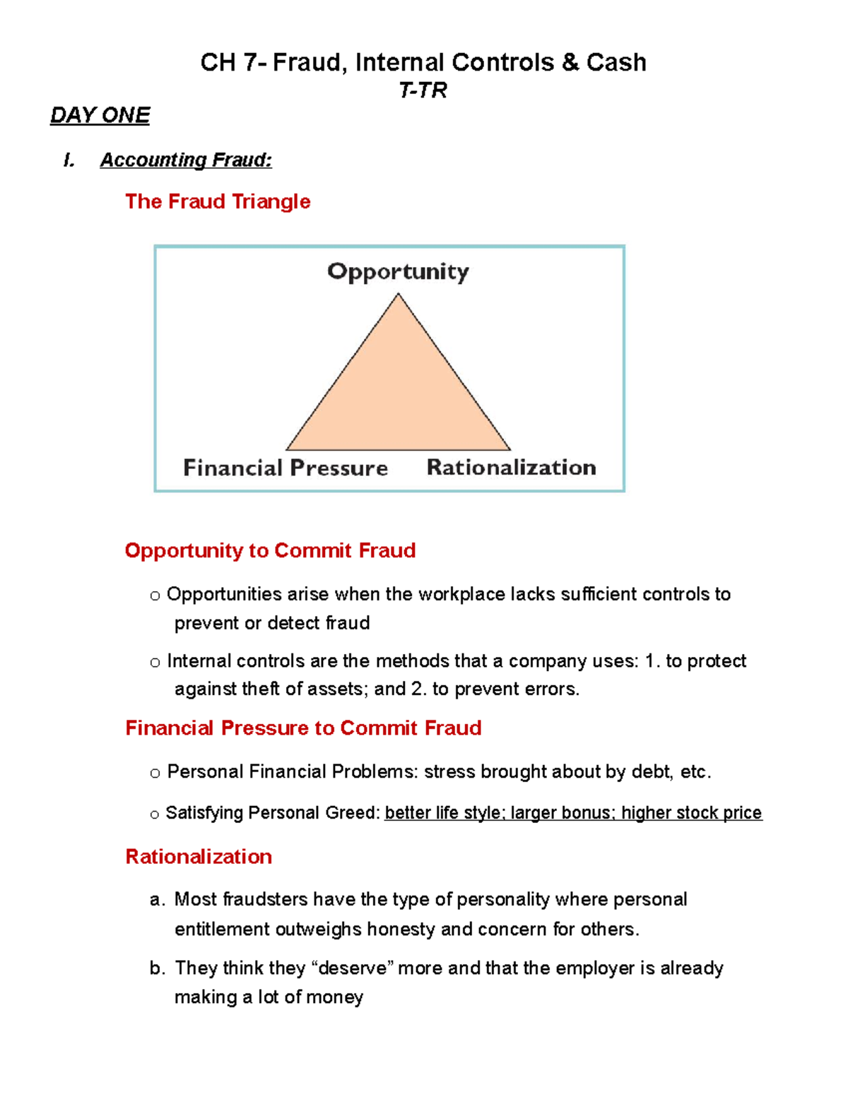 CH 7 Lecture Notes - CH 7- Fraud, Internal Controls & Cash T-TR DAY ONE ...