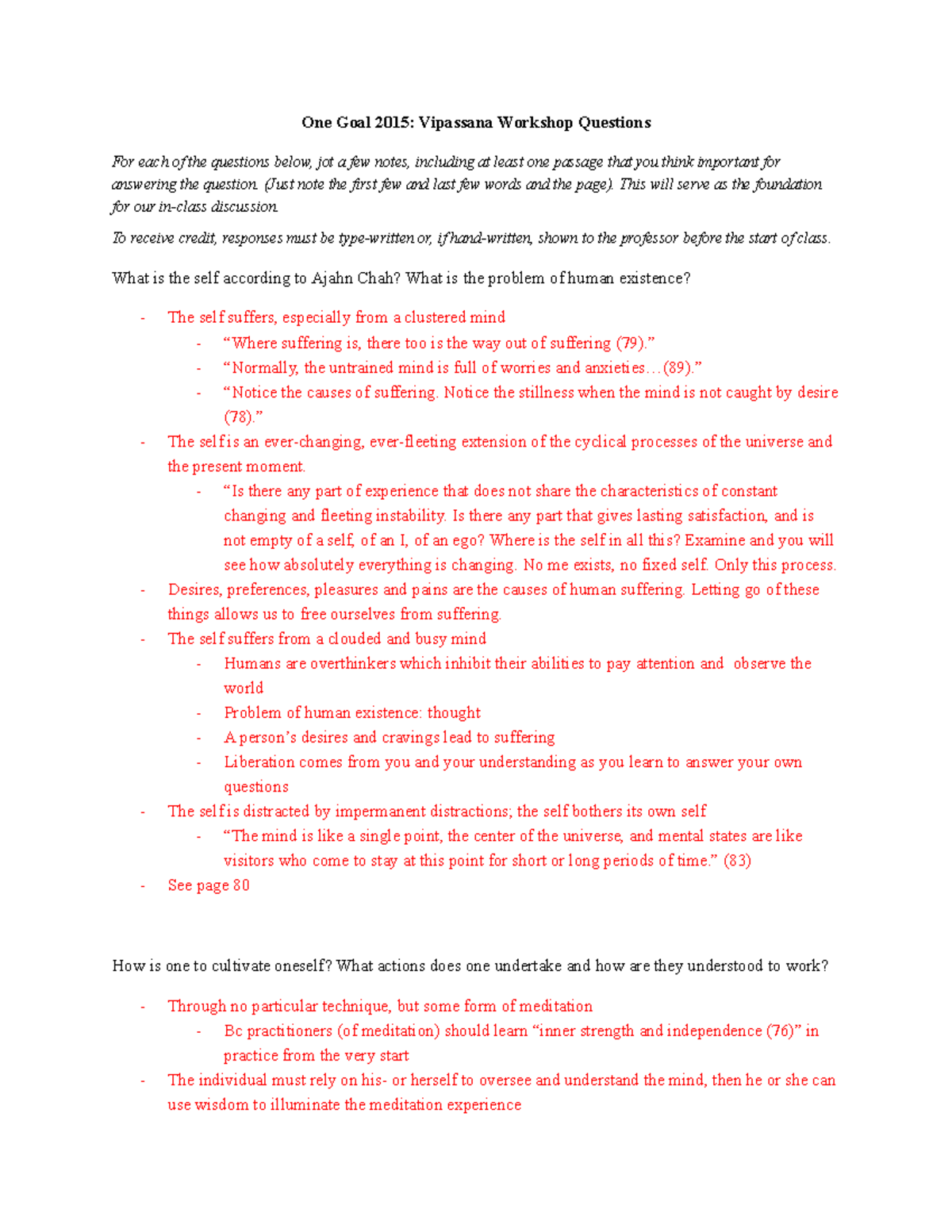 Vipassana Workshop Questions/Responses - One Goal 2015: Vipassana ...