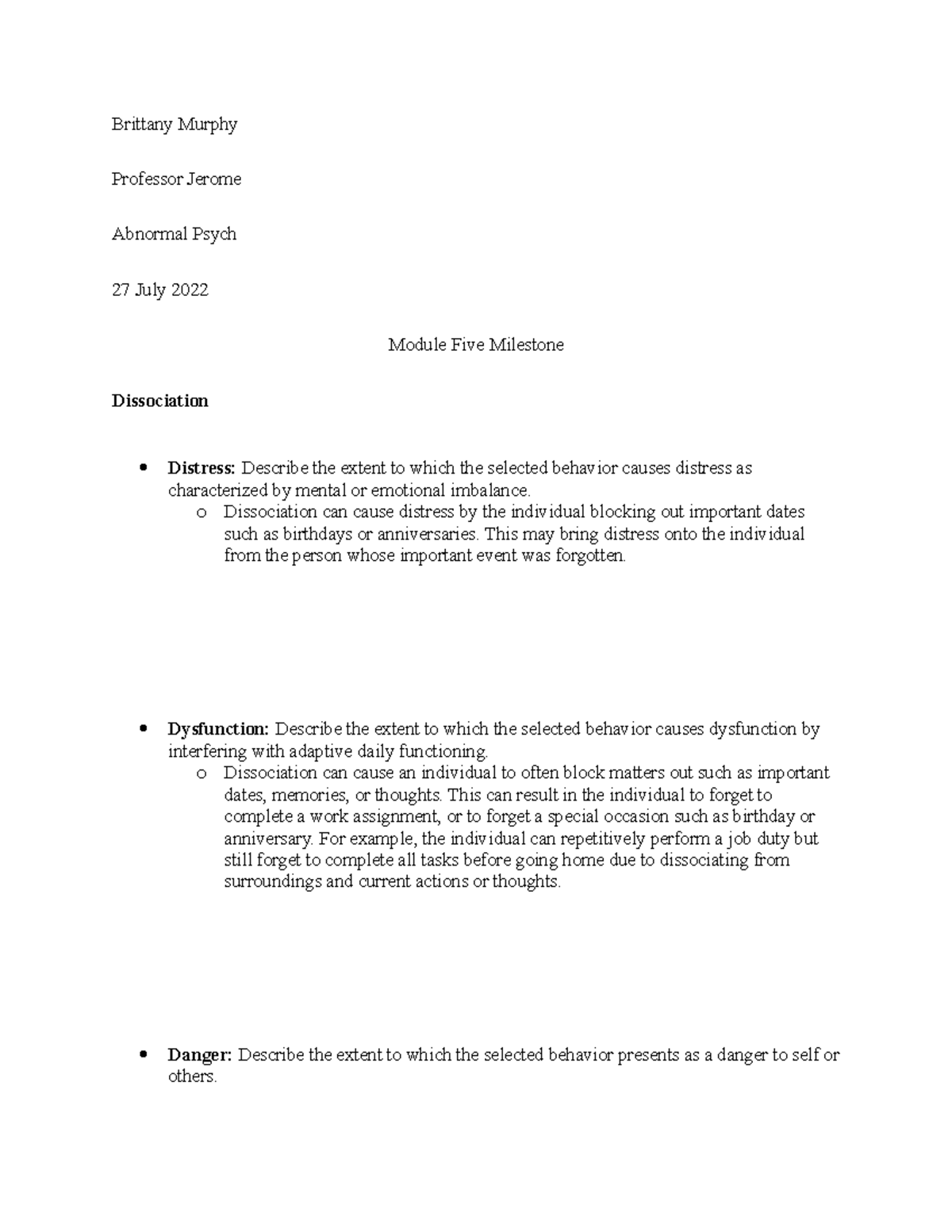 Module 5 template - Brittany Murphy Professor Jerome Abnormal Psych 27 ...