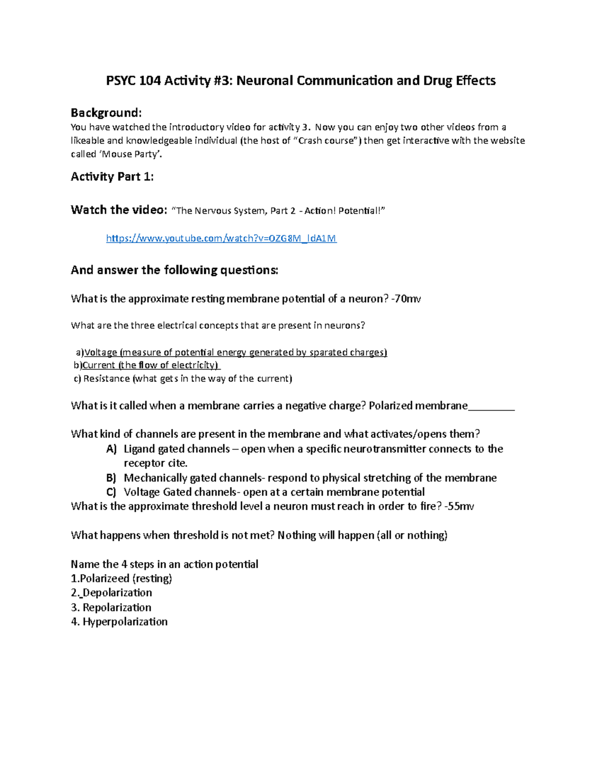 PSYC 104 - Activity 3 Report - PSYC 104 Activity #3: Neuronal ...