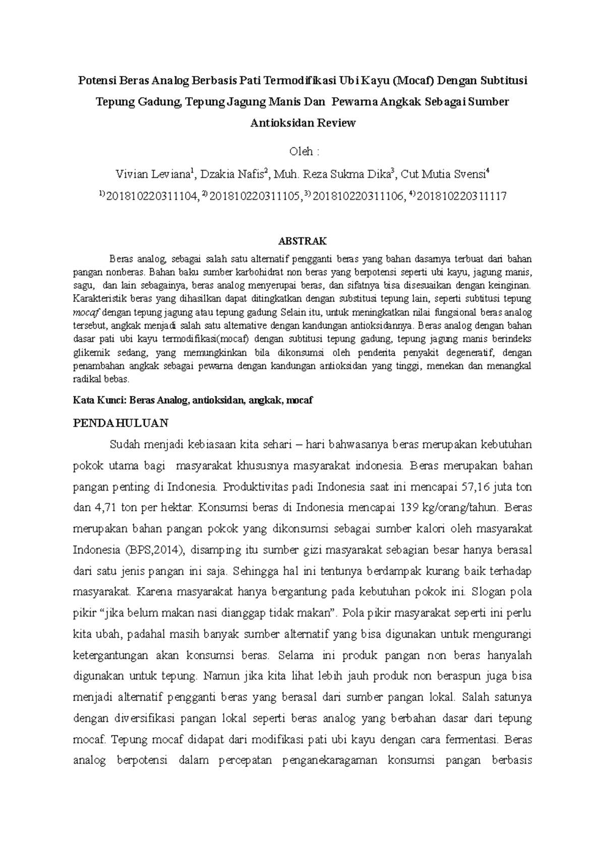 Review Jurnal Potensi Beras Analog Berbasis Pati Termodifikasi Ubi Kayu (Mocaf) Dengan Subtitusi ...