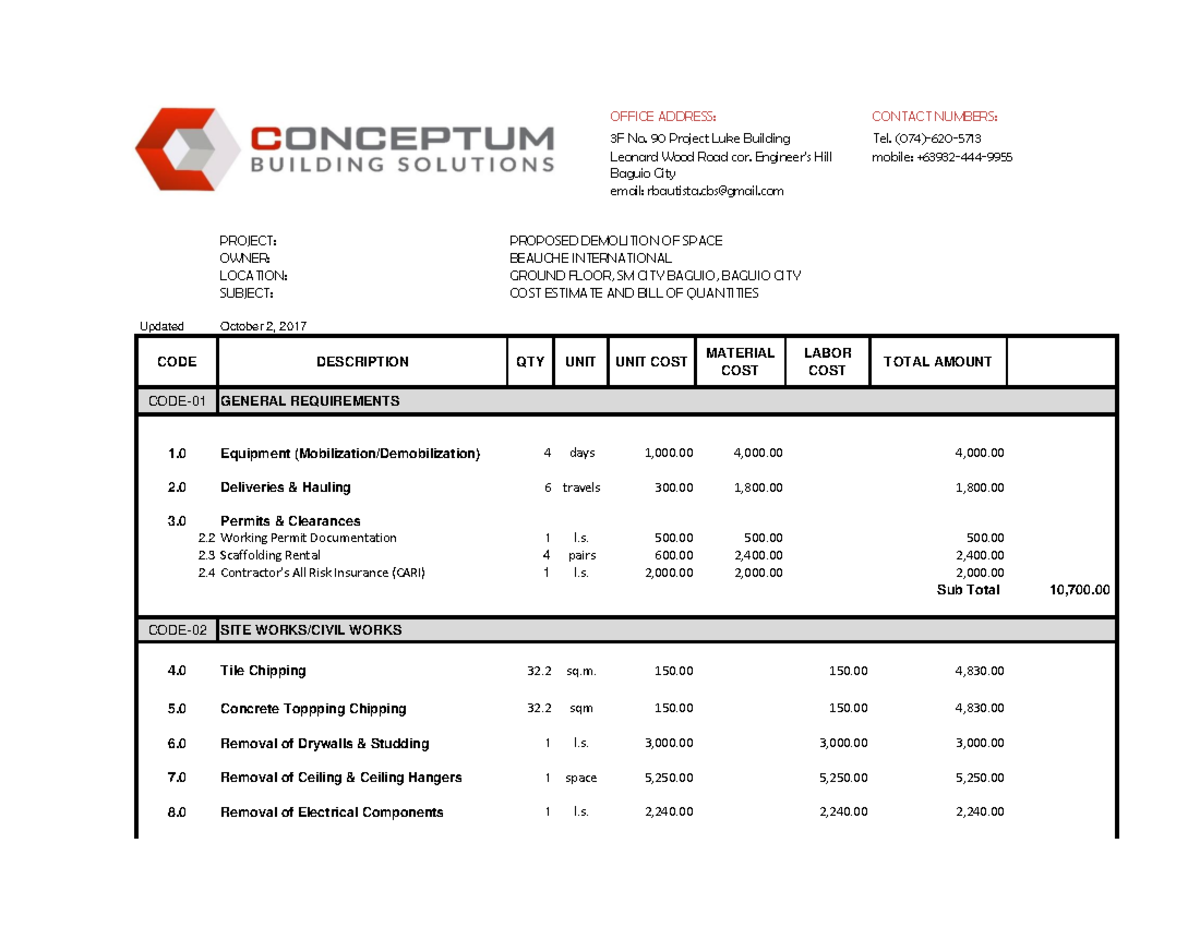 Demolition Cost Estimate - OFFICE ADDRESS: CONTACT NUMBERS: 3F No. 90 ...