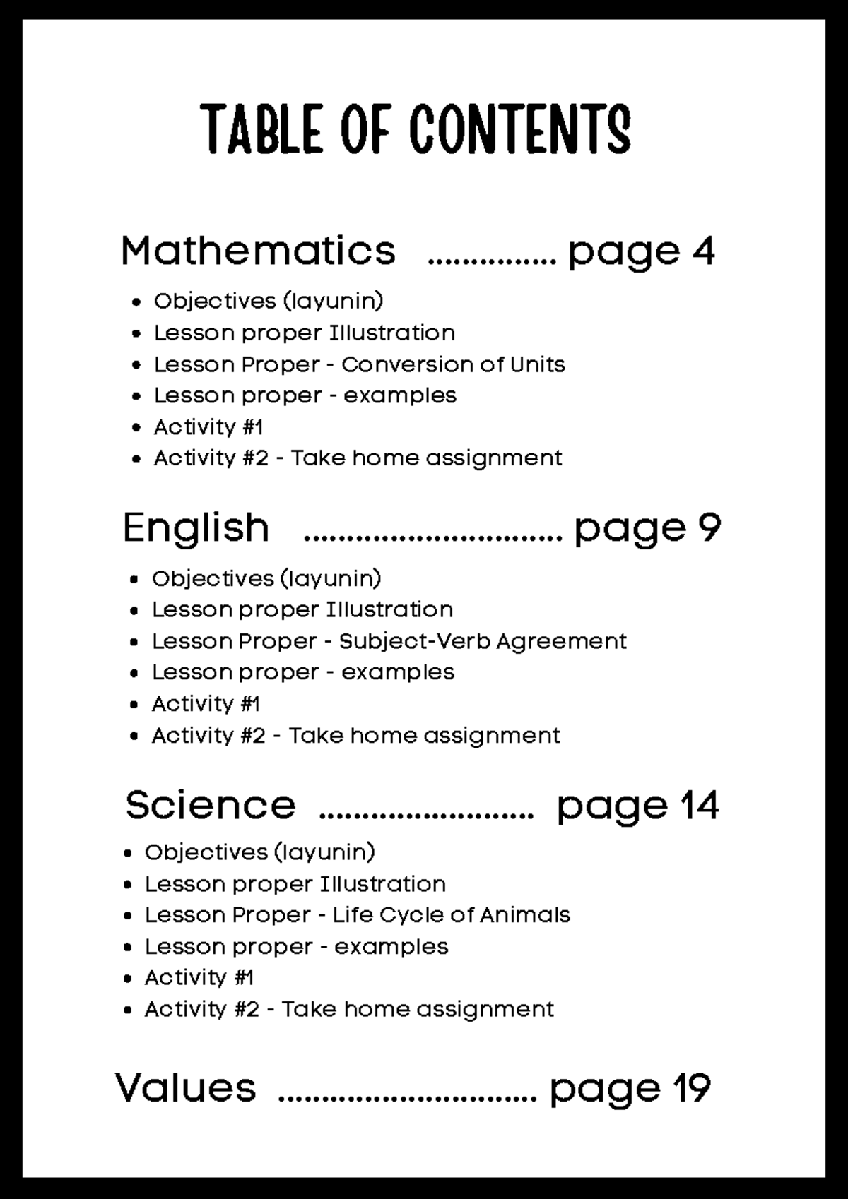Grade 4 Module - TABLE OF CONTENTS Mathematics ............... page 4 ...