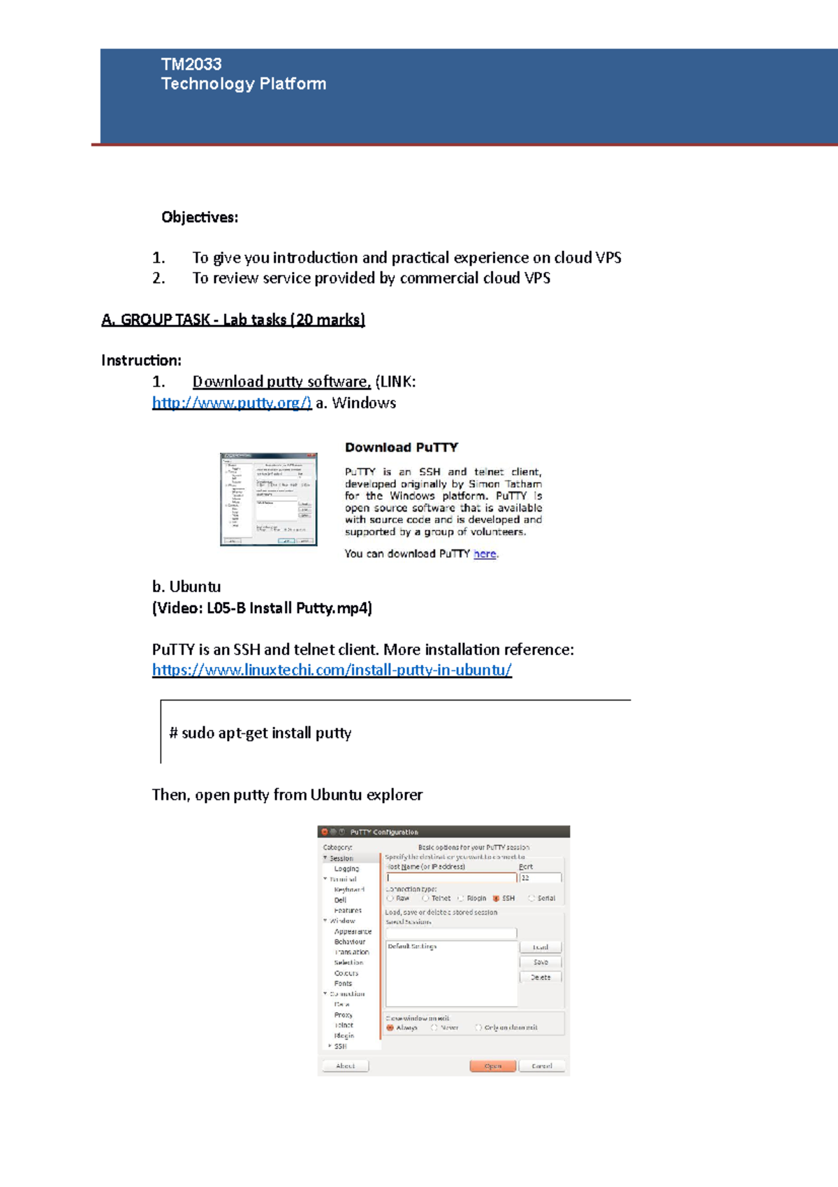 Lab 4 cloud vertual private server - TM2033 Technology Platform Lab 5 Objectives: 1. 2. FTSM ...