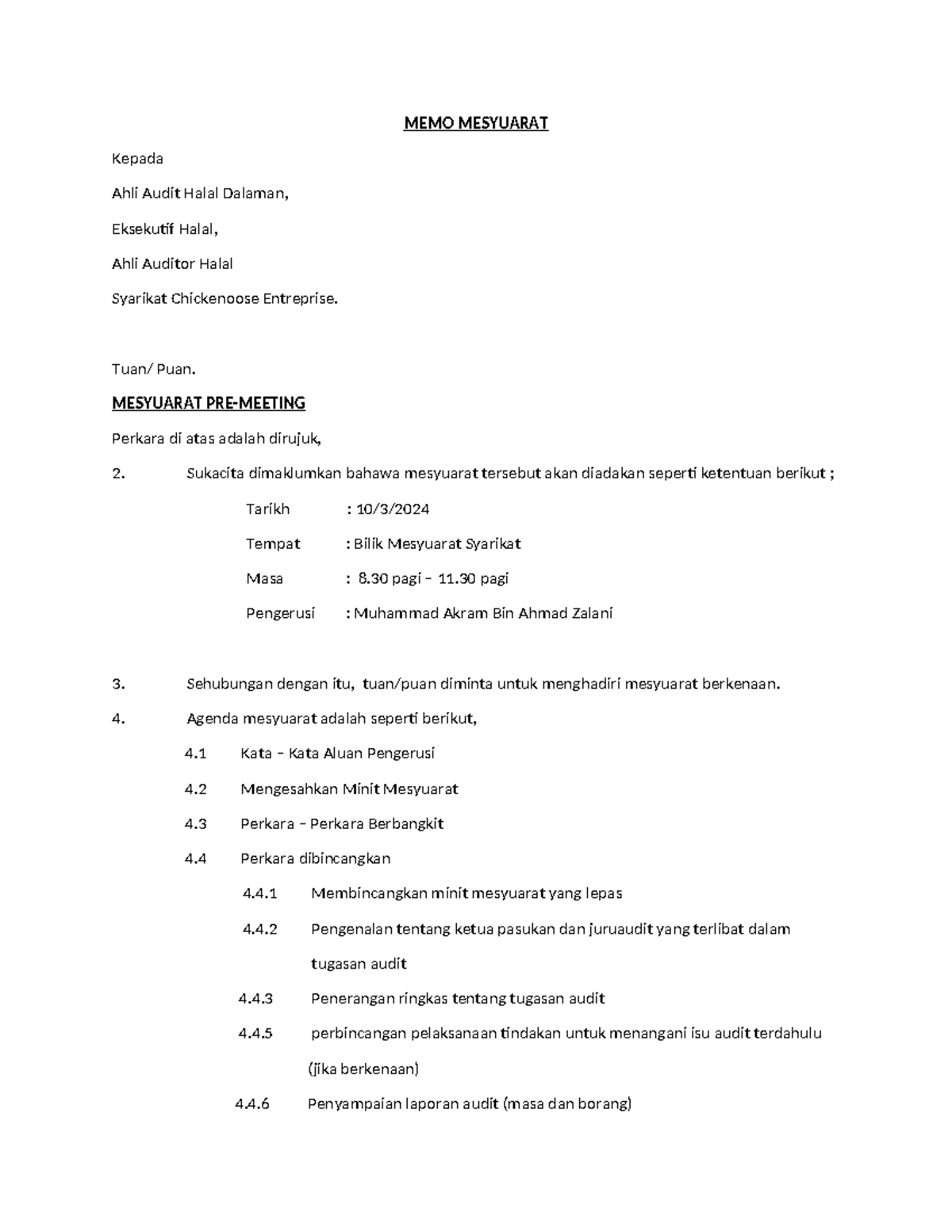 MEMO Mesyuarat - MEMO MESYUARAT Kepada Ahli Audit Halal Dalaman ...
