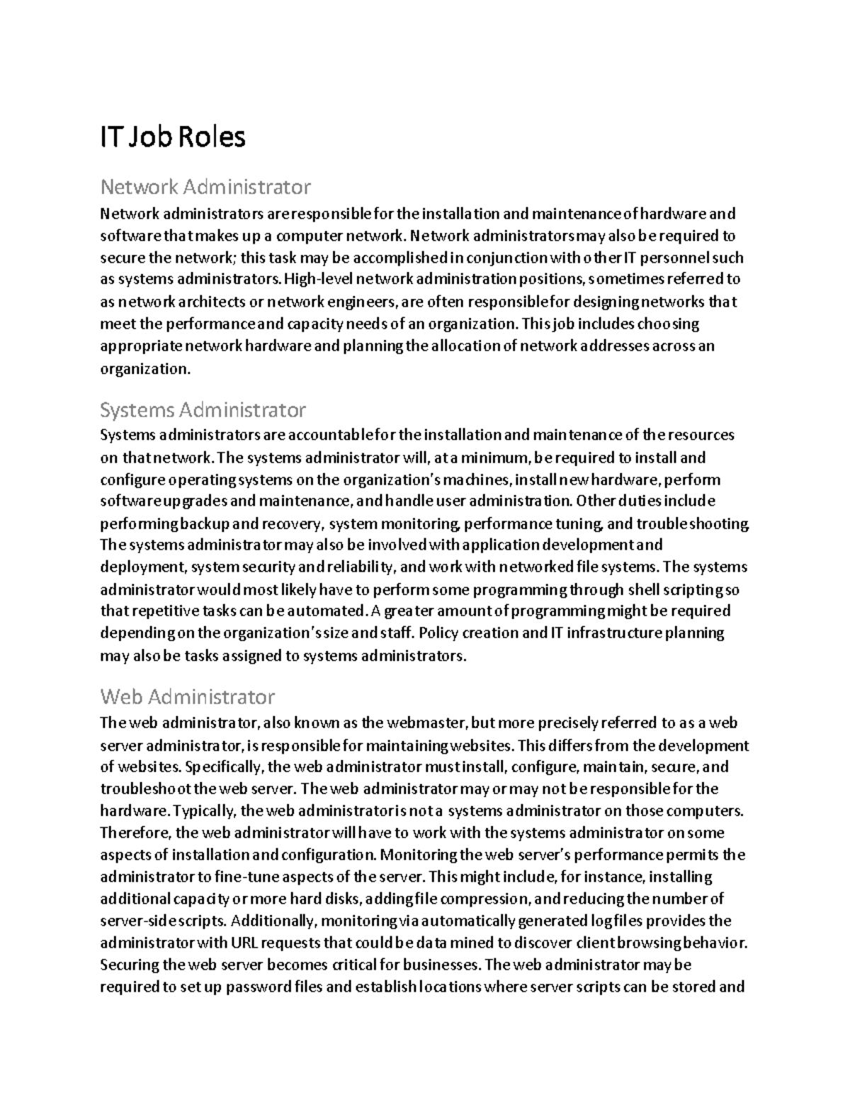 Module 4 IT Job Roles - Mod 4 - IT Job Roles Network Administrator ...