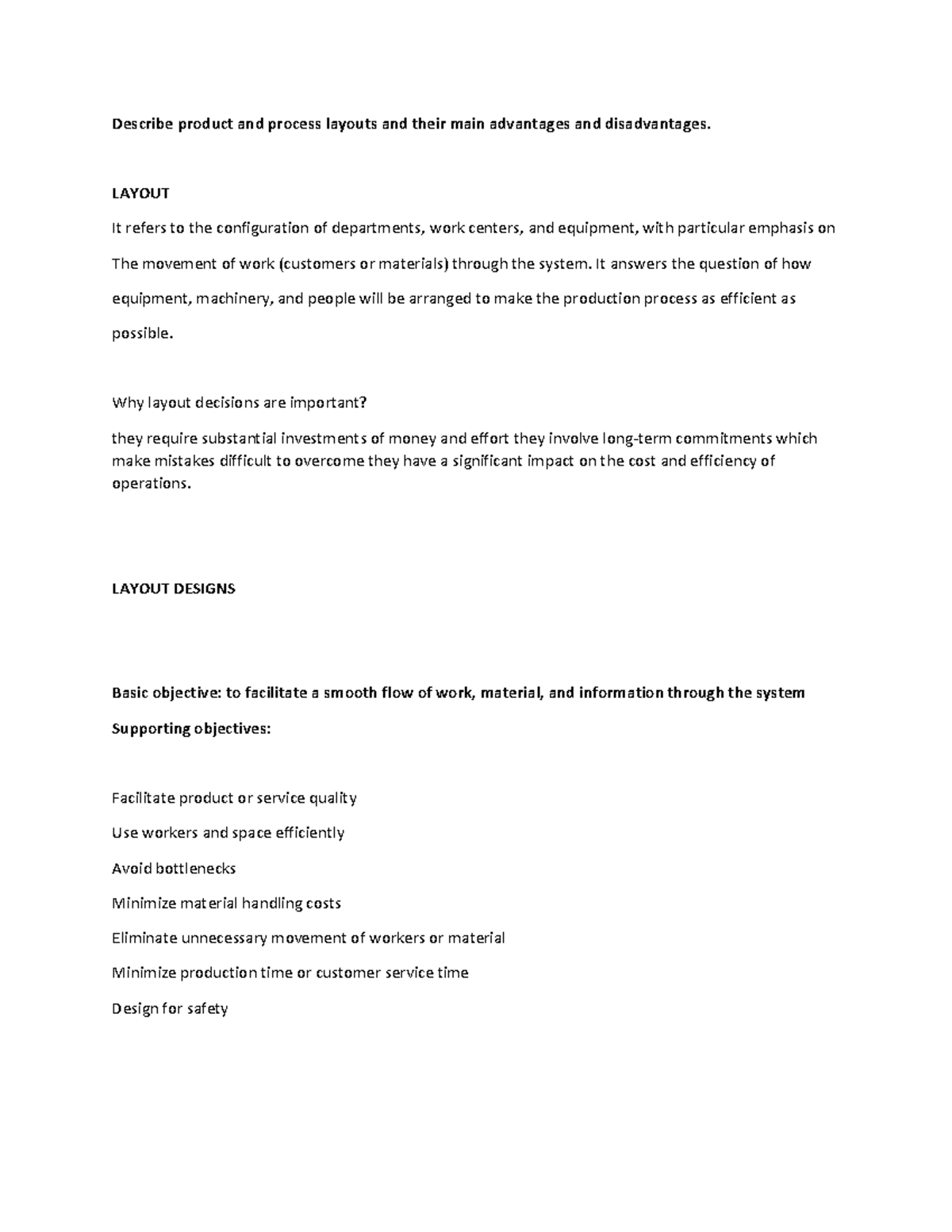 Operation Management - Describe product and process layouts and their ...