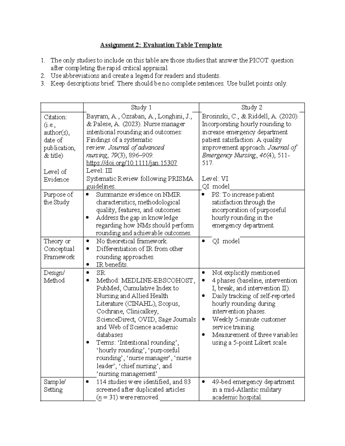 Assignment 2 Evaluation Template - Assignment 2: Evaluation Table ...