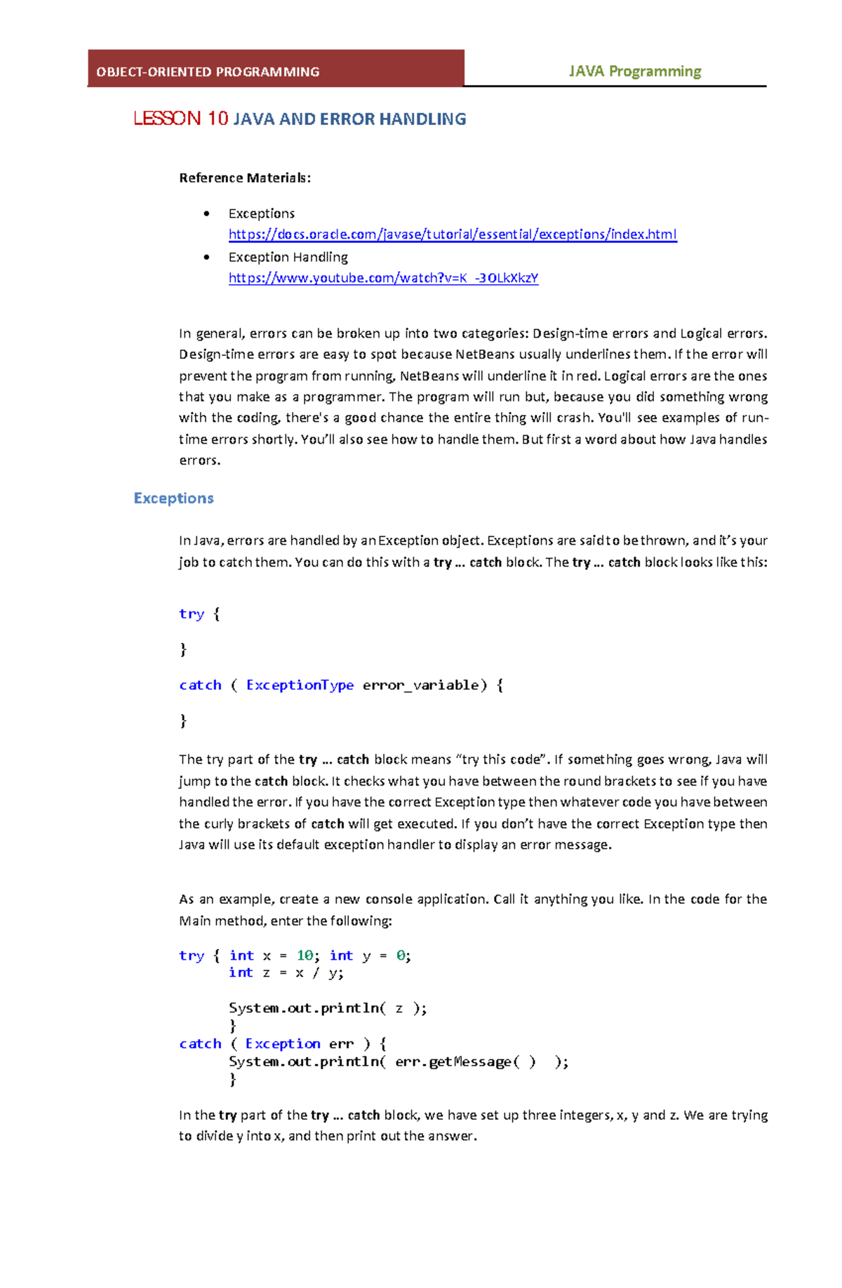 Tvprog 4 - Lesson 10 Java and Error Handling - LESSON 10 JAVA AND ERROR HANDLING Reference - Studocu