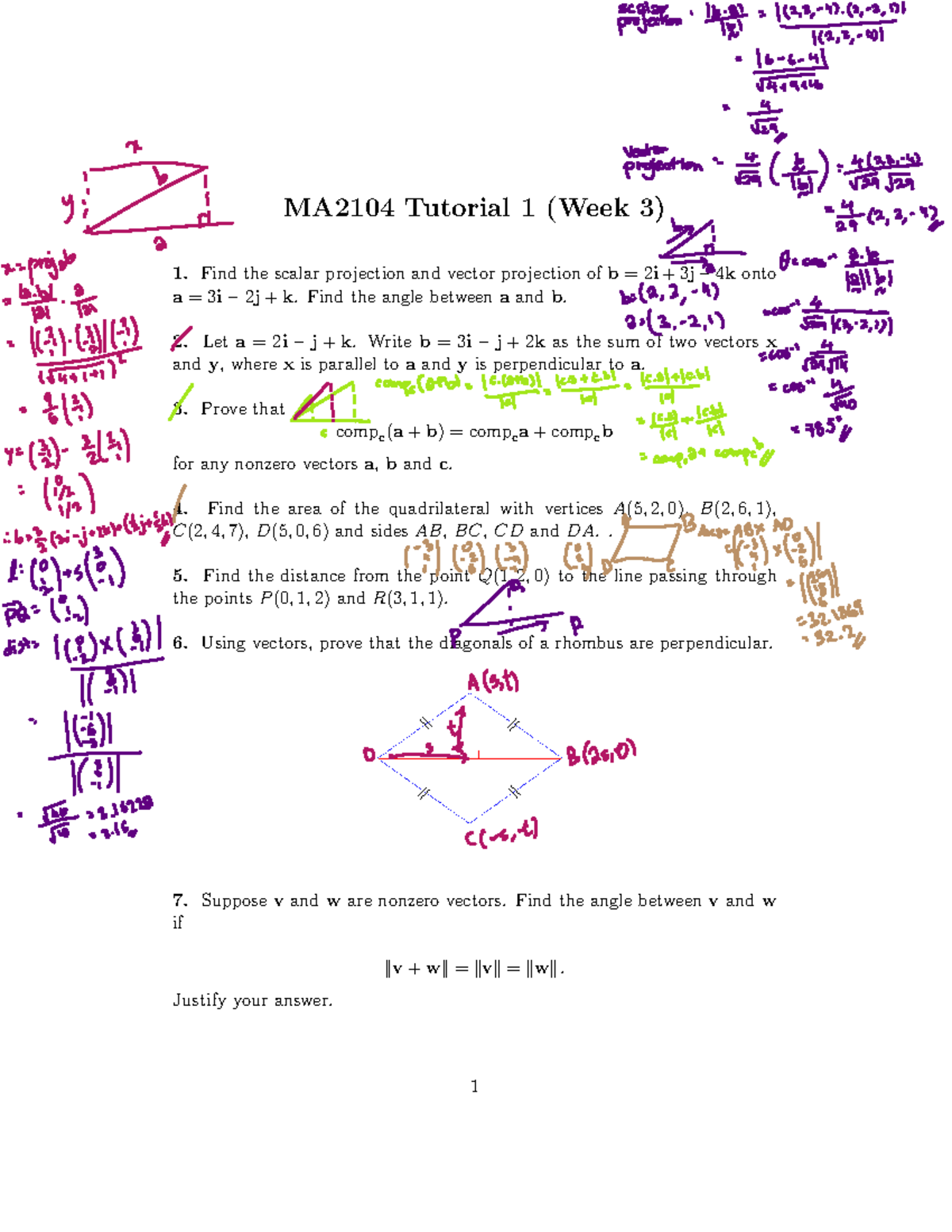 Tutorial 1-ma2104 - MA2104 Tutorial 1 (Week 3) Find the scalar projection and vector projection ...