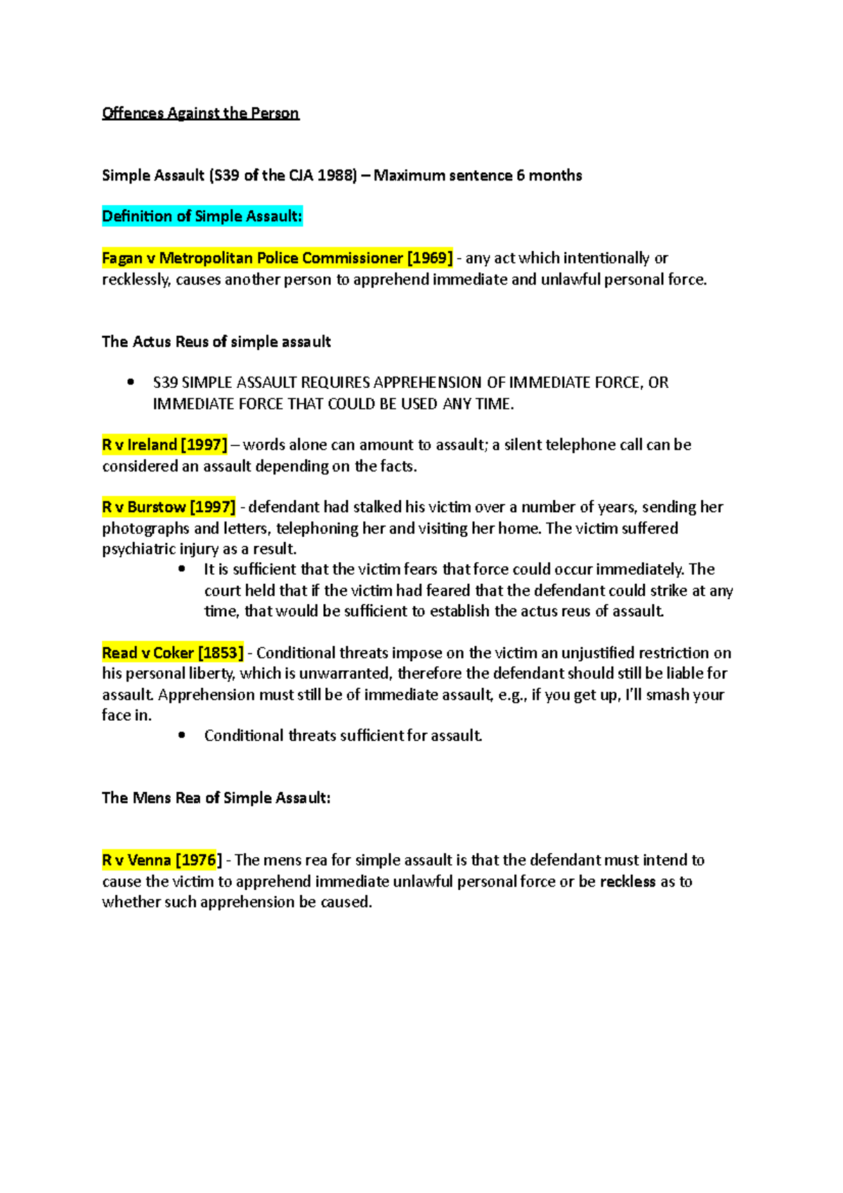 OAPA Revision - Ofences Against the Person Simple Assault (S39 of the ...