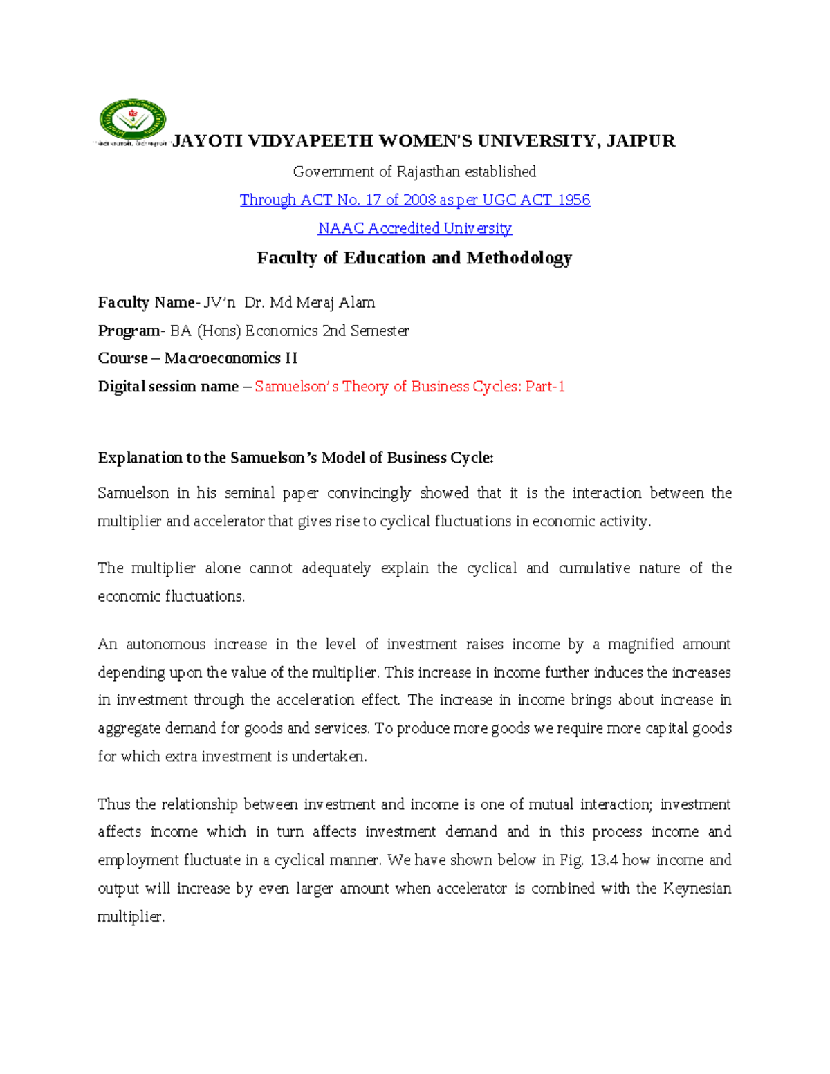 Samuelson theory of business cycle - JAYOTI VIDYAPEETH WOMEN'S ...