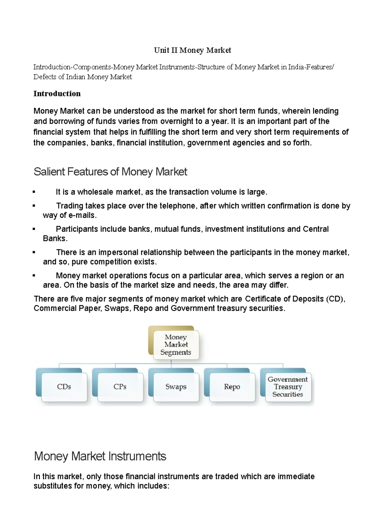 Unit II Money Market - Unit II Money Market Introduction-Components ...