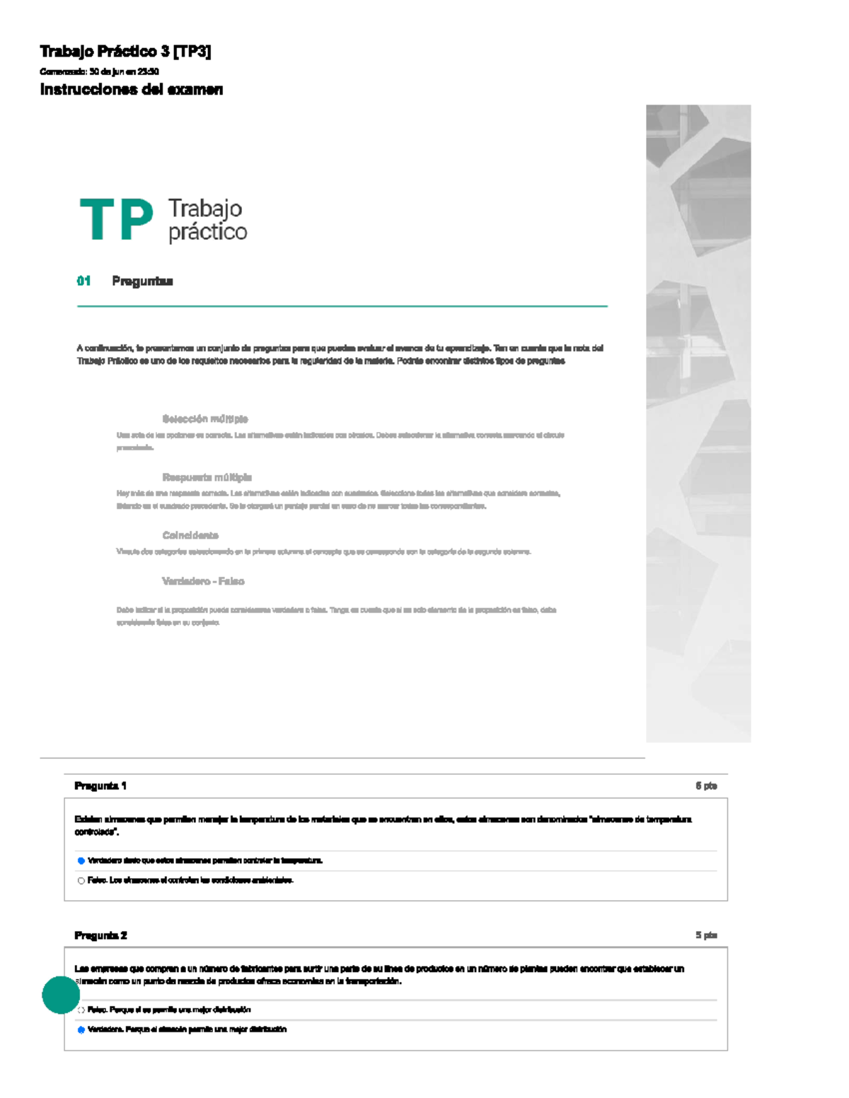 Examen Trabajo Práctico 3 [TP3] - 95% - Logistica - Logística - Studocu
