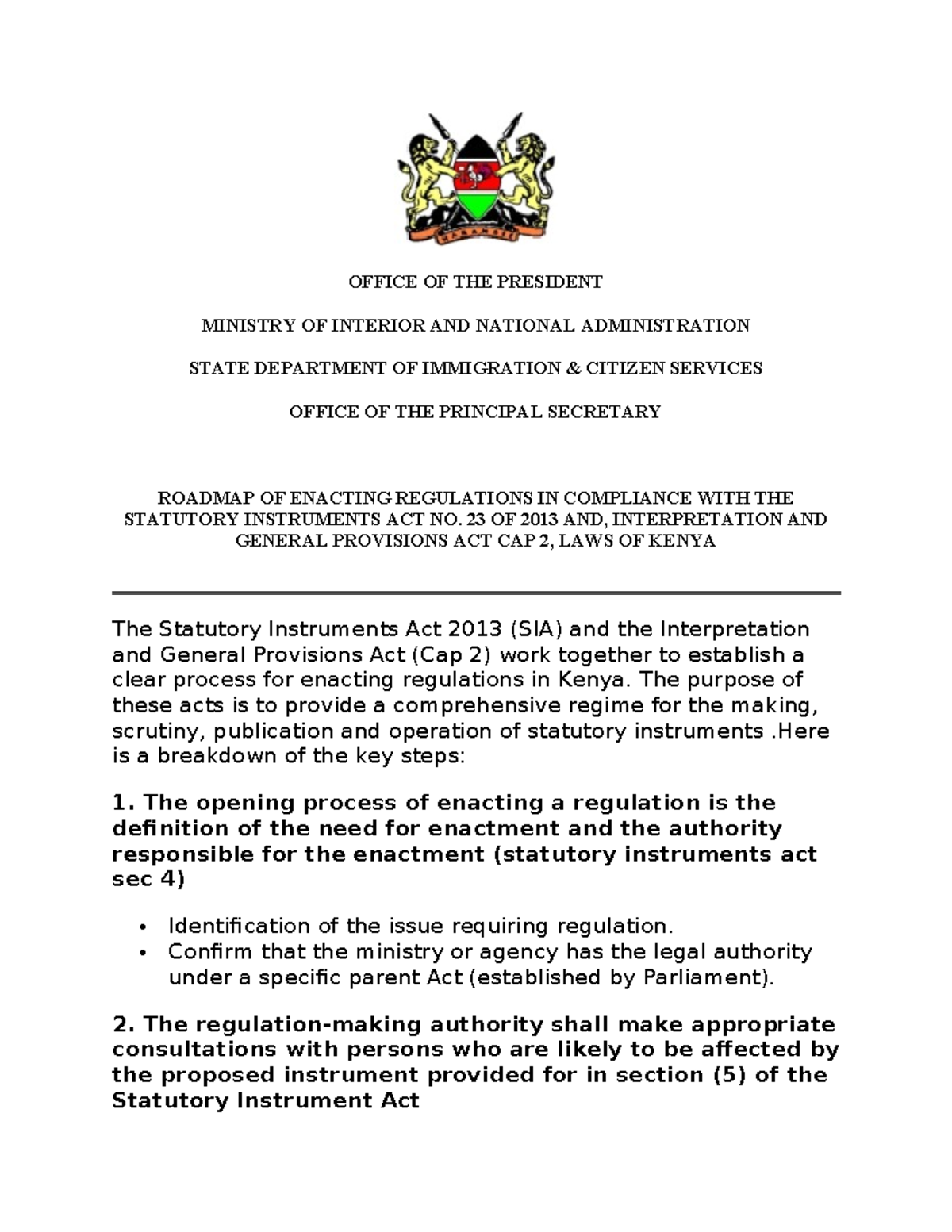 Roadmap of enacting regulations in compliance with the statutory ...