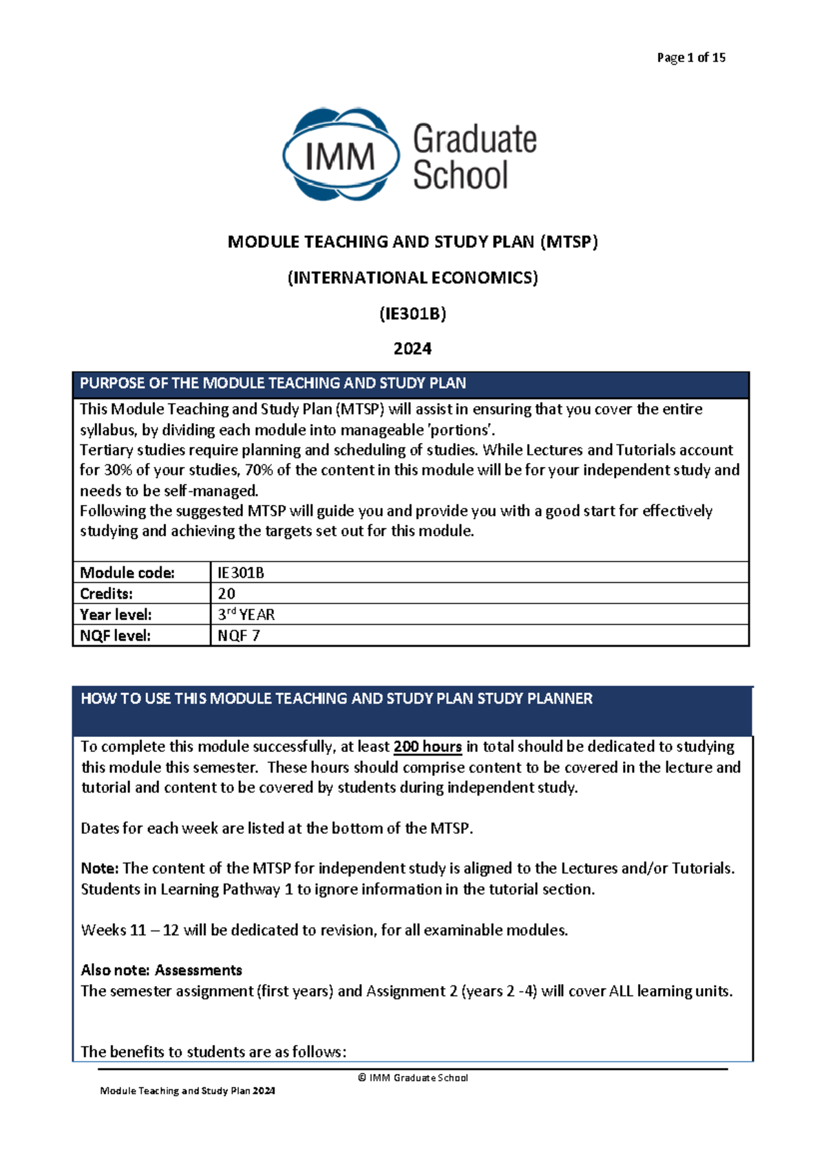 Module Teaching AND Study PLAN - © IMM Graduate School MODULE TEACHING ...