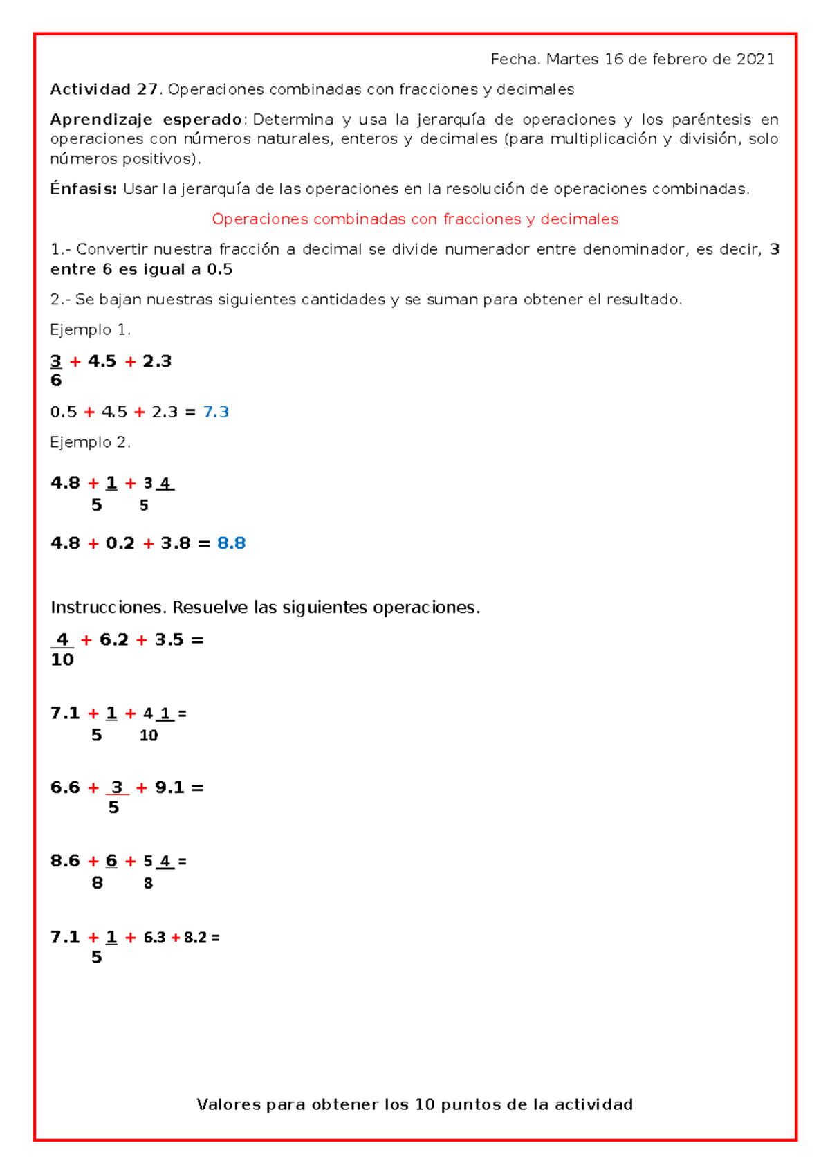 Actividad 27. Operaciones Combinadas CON Fracciones Y Decimales - Fecha ...