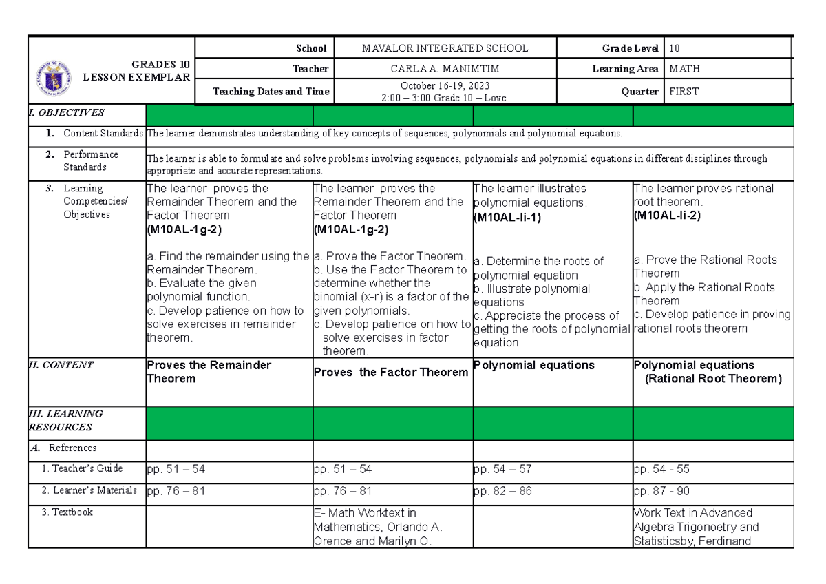 Math-10 Week-8 - lesson plan - GRADES 10 LESSON EXEMPLAR School MAVALOR ...