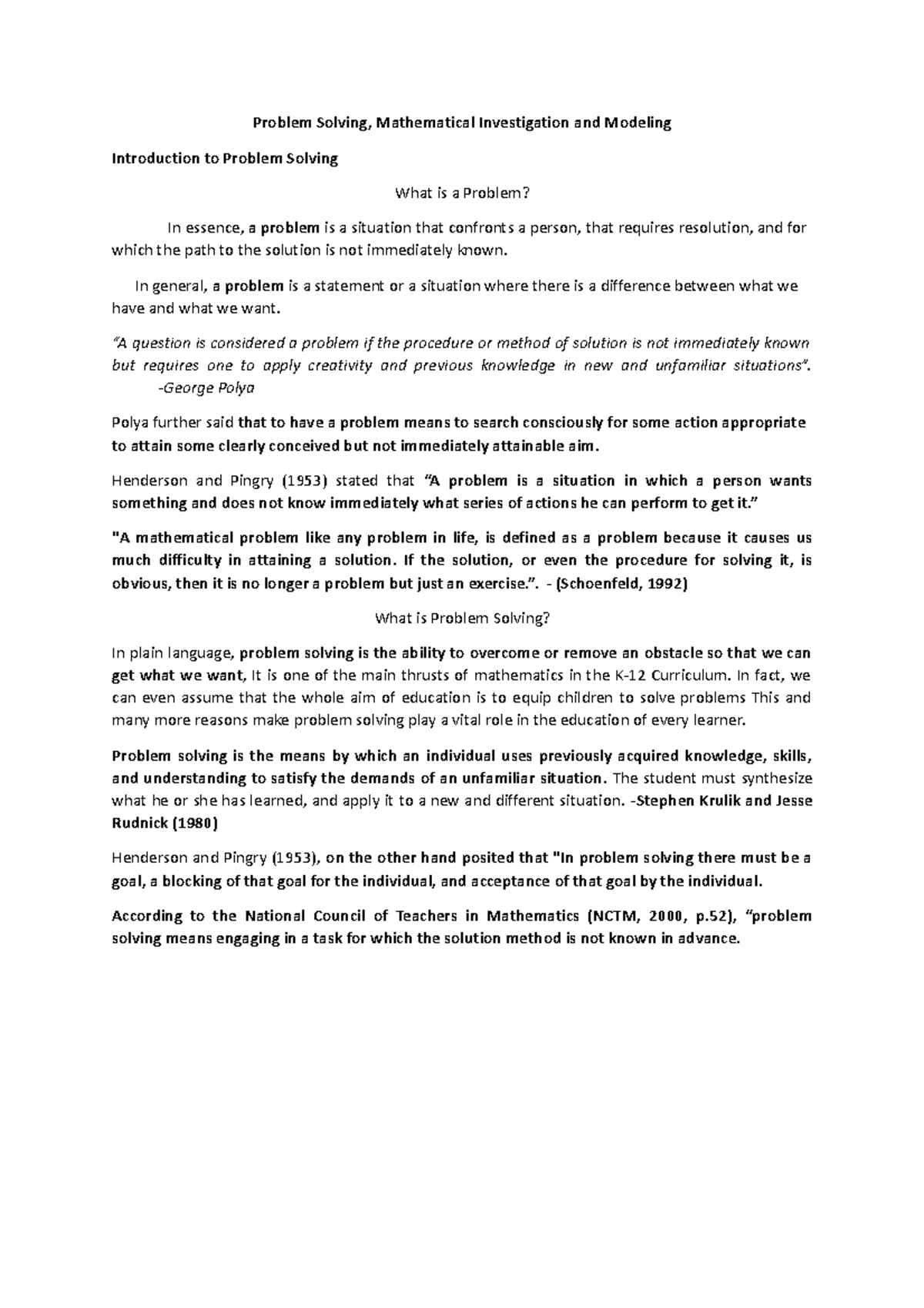 Ppsim lect - GEW - Problem Solving, Mathematical Investigation and Modeling Introduction to ...