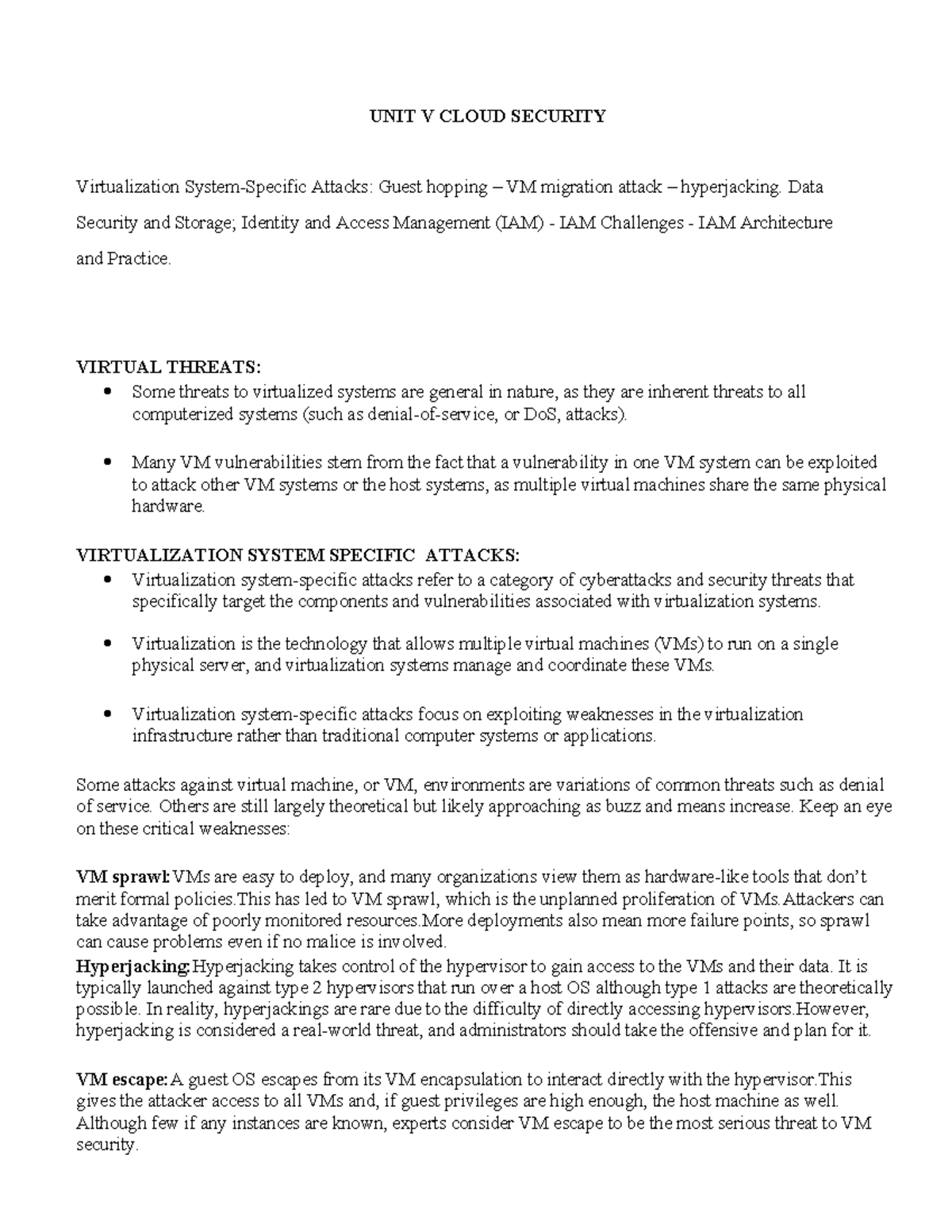 Unit V Cloud Security Unit V Cloud Security Virtualization System Specific Attacks Guest