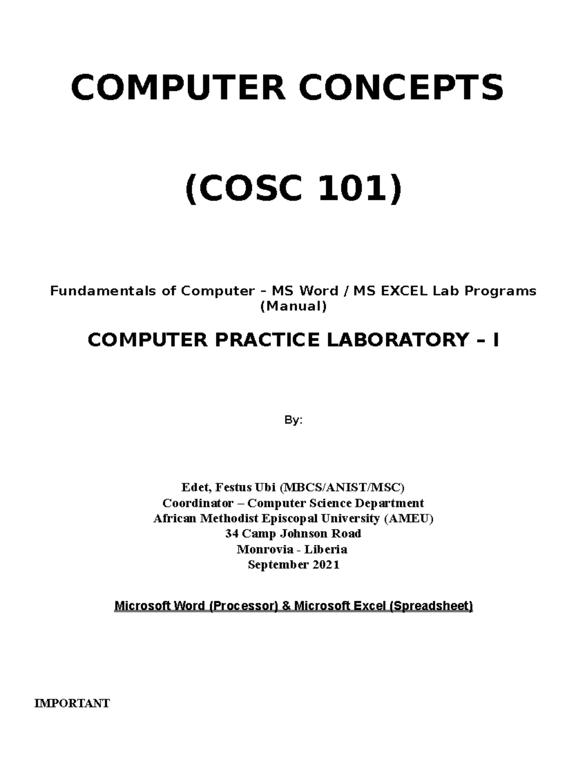 COSC 101 Practical Manual - MS WORD & MS Excel - COMPUTER CONCEPTS (COSC 101) Fundamentals of ...