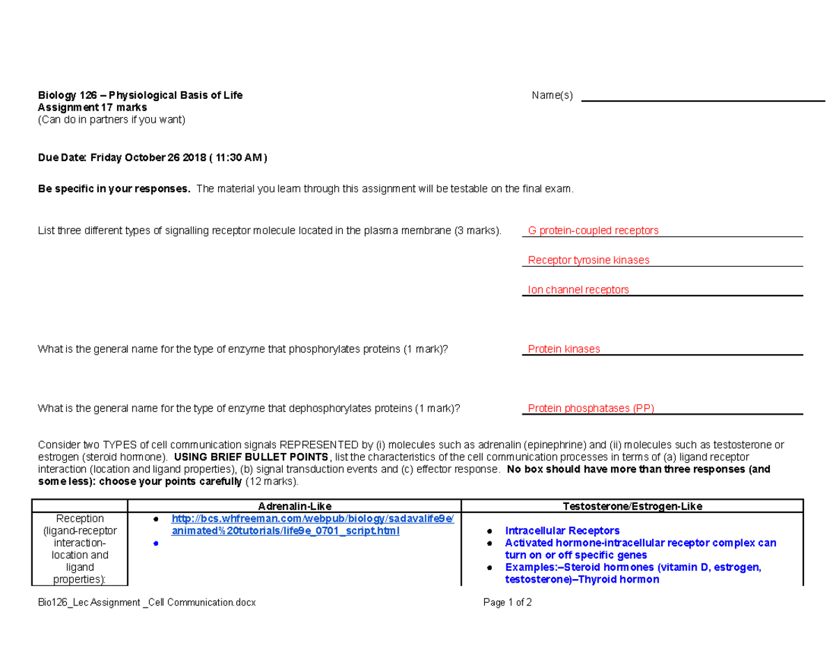 B126 assignment cell communication - Biology 126 – Physiological Basis ...