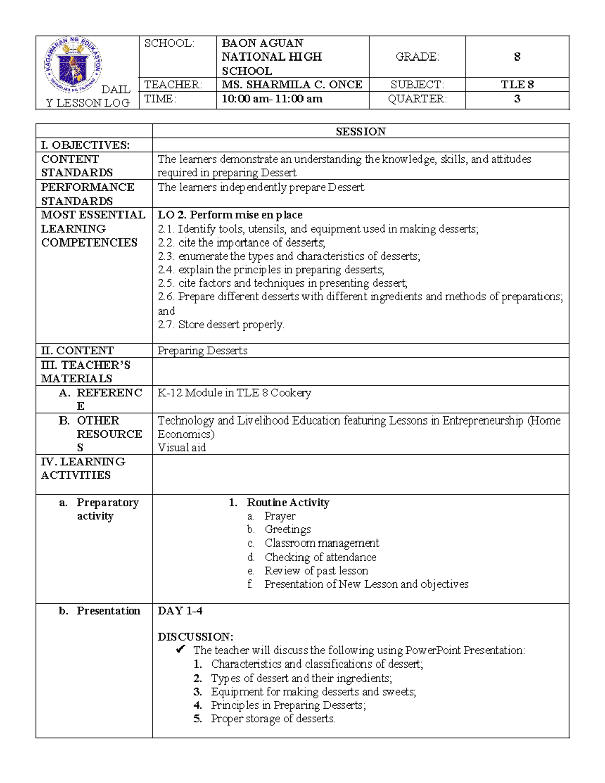 Cookery 4 - lesson plan - DAIL Y LESSON LOG SCHOOL: BAON AGUAN NATIONAL ...
