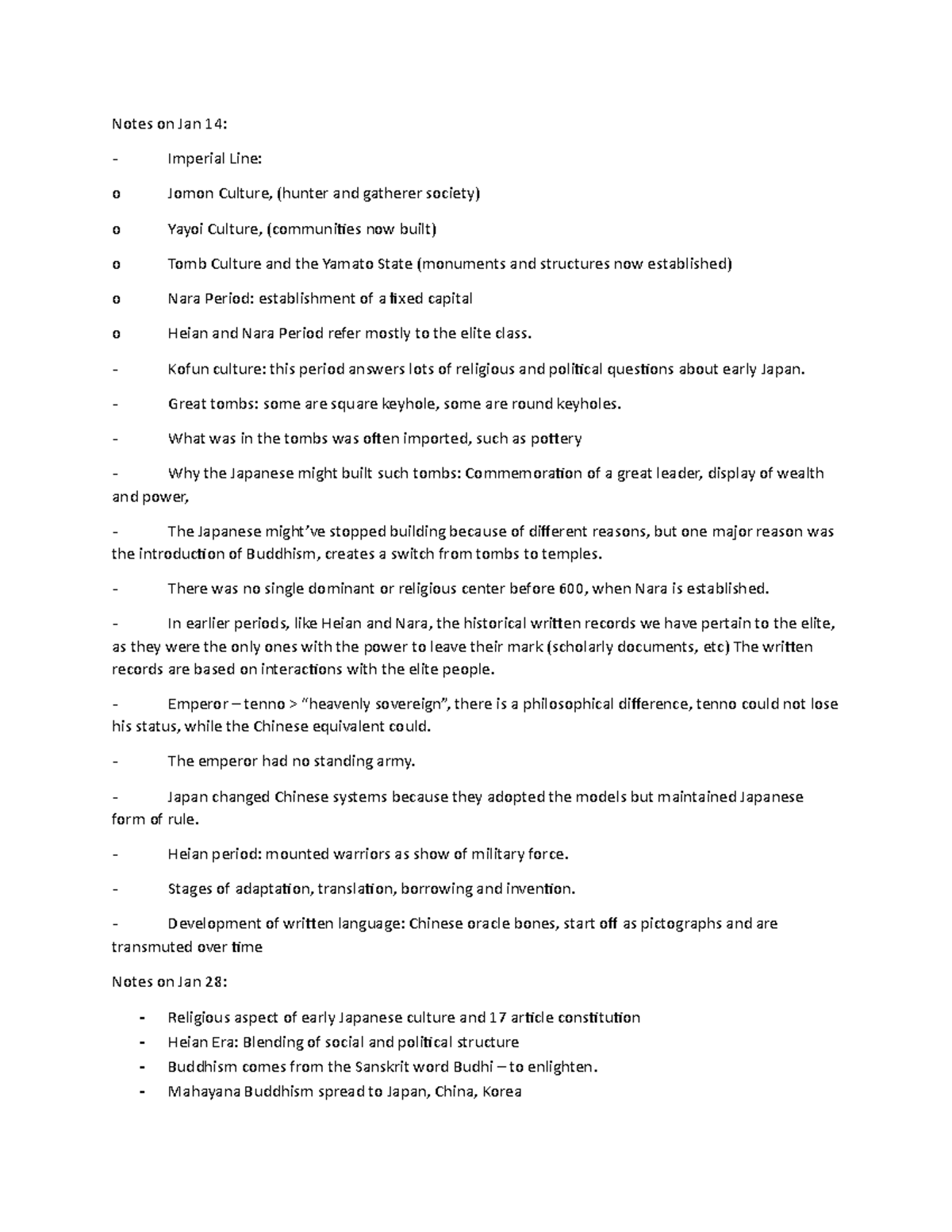 ASH Notes Week 1-8 - Notes on Jan 14: Imperial Line: o Jomon Culture ...