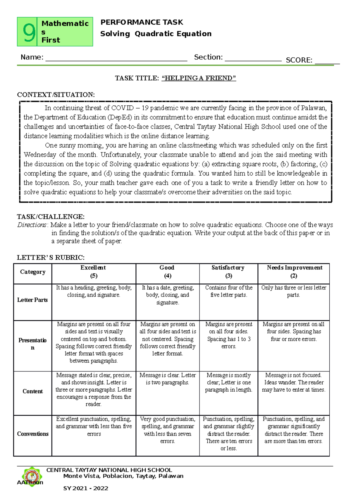 Math Performance Task Week 1 2 - TASK TITLE: “HELPING A FRIEND” CONTEXT ...