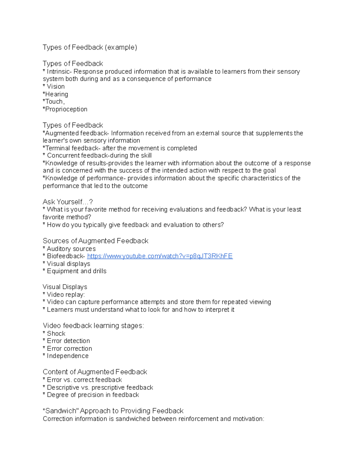 Chapter 12 - Types of Feedback (example) Types of Feedback Intrinsic ...