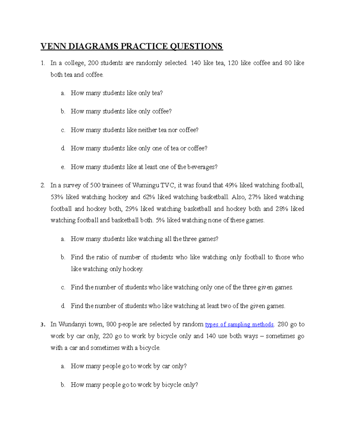 VENN Diagrams Questions - VENN DIAGRAMS PRACTICE QUESTIONS In a college ...