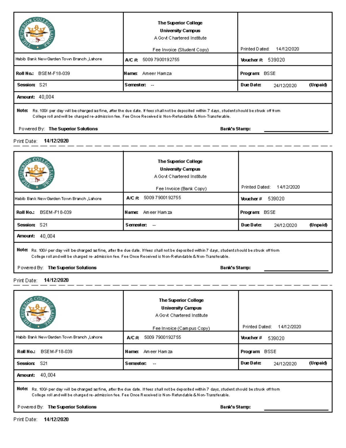 Crystal Report Viewer 1 - Fee Invoice (Student Copy) Printed Dated: 14 ...
