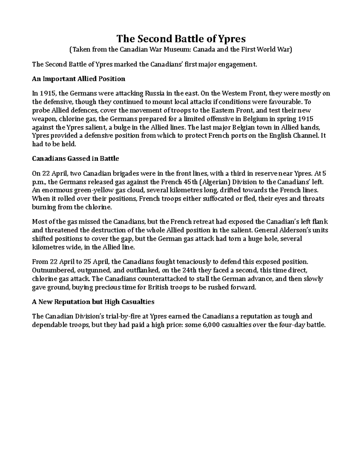 World War I Canada's Major Battles - The Second Battle of Ypres (Taken ...