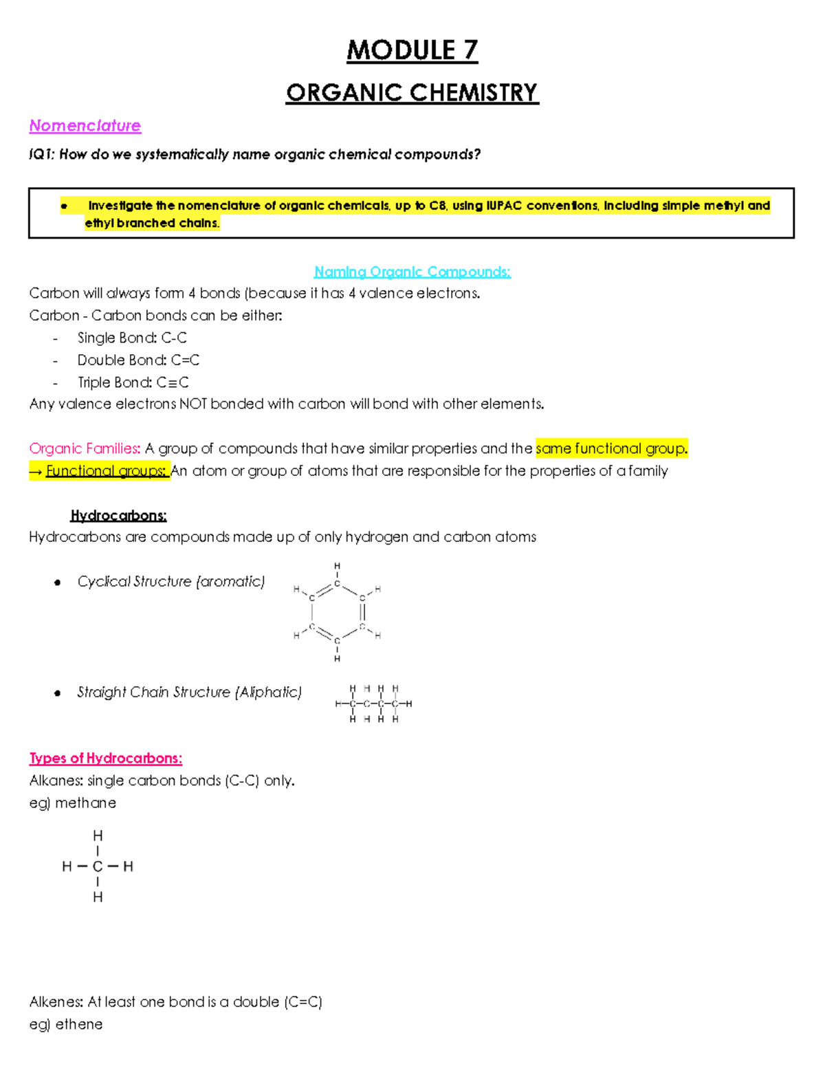 CHEM 101 Module 7 Organic Chemistry Study Guide - MODULE 7 ORGANIC ...
