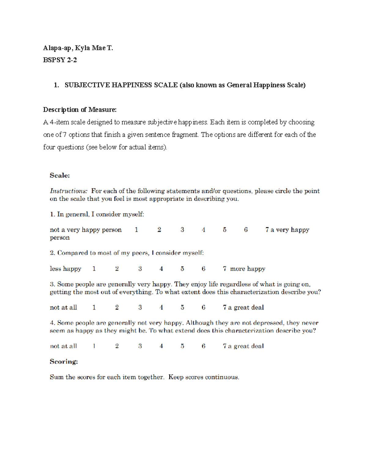 Psychology notes - Alapa-ap, Kyla Mae T. BSPSY 2- 1. SUBJECTIVE ...