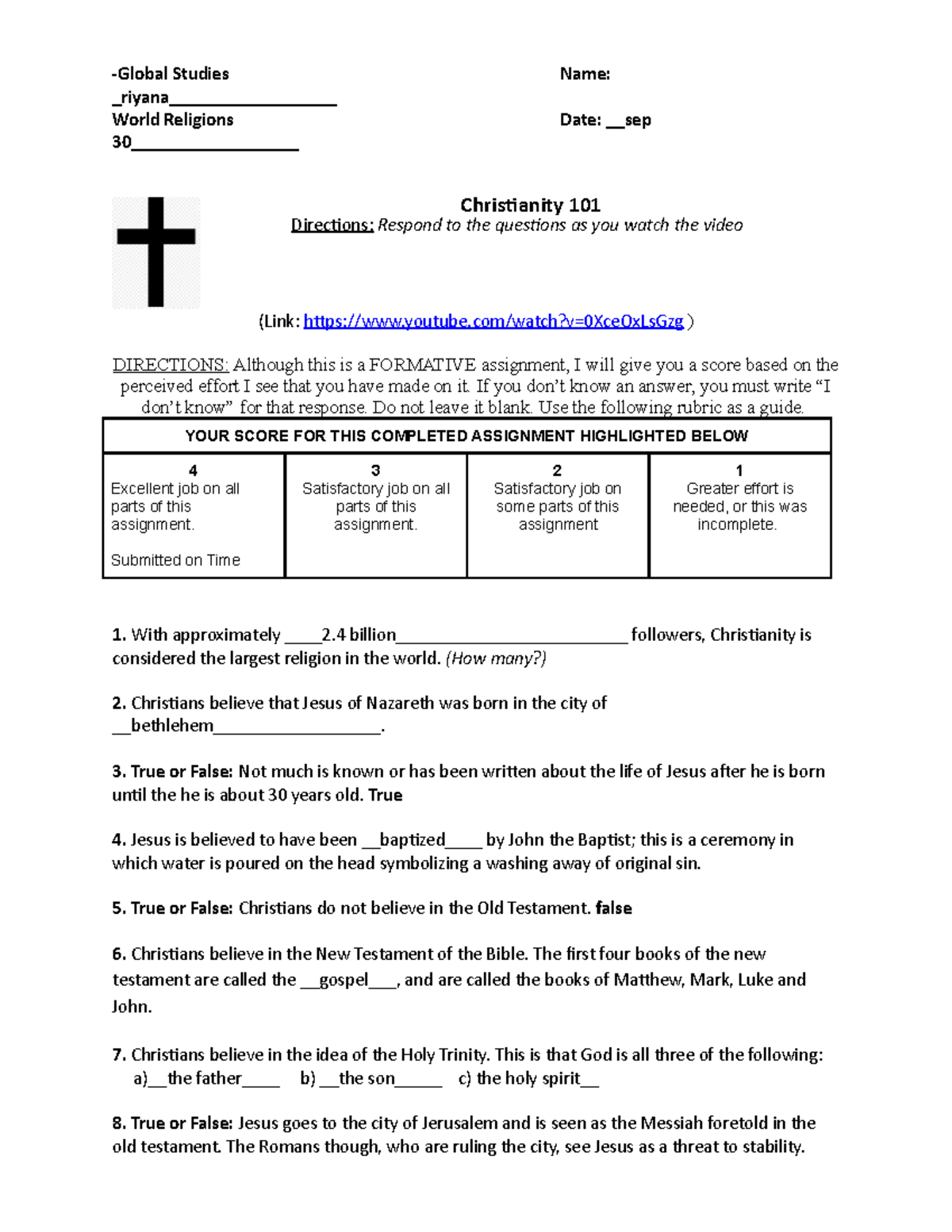 Christianity 101- riyana -Global Studies Name: riyana_________________ World Religions Date: sep ...