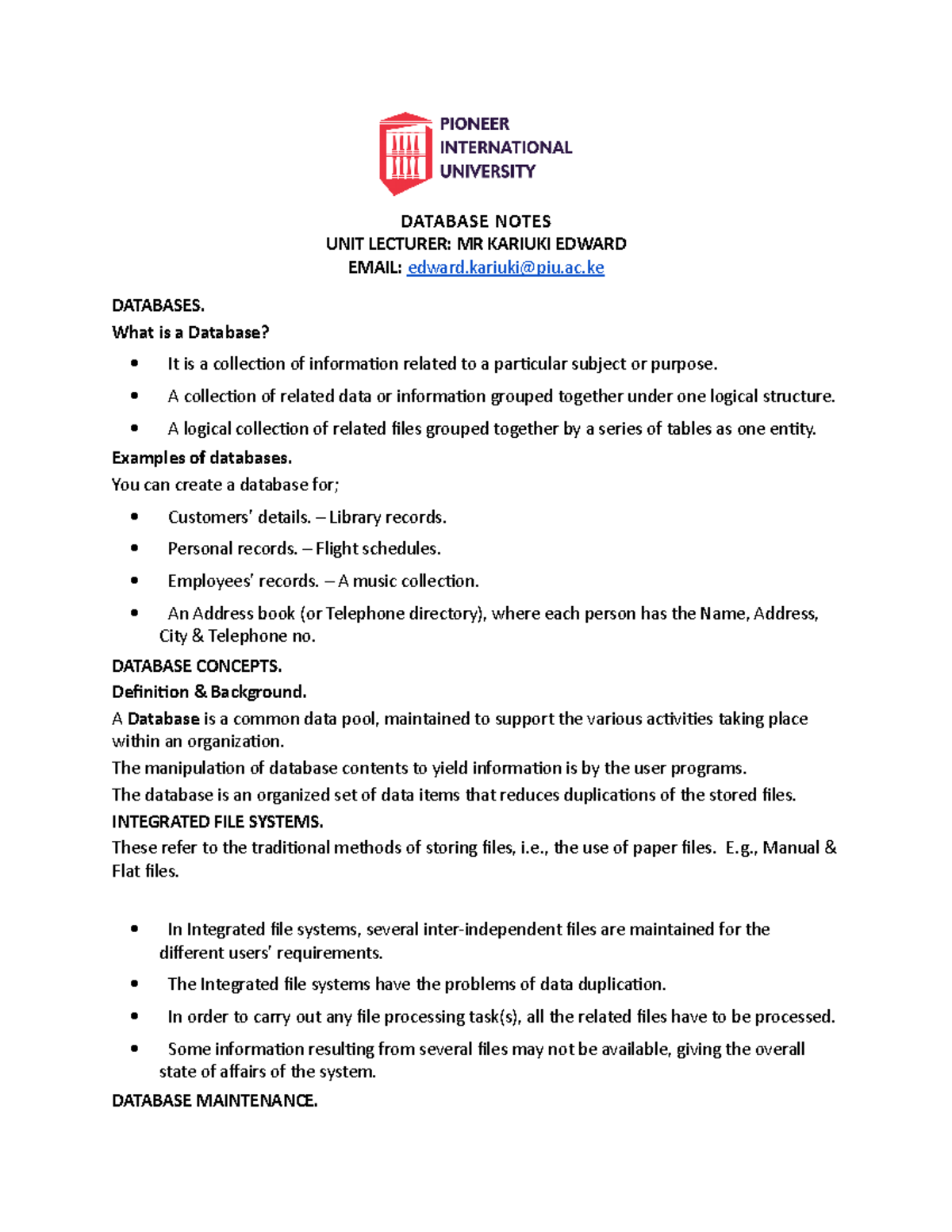 Database Notes New - DATABASE NOTES UNIT LECTURER: MR KARIUKI EDWARD ...