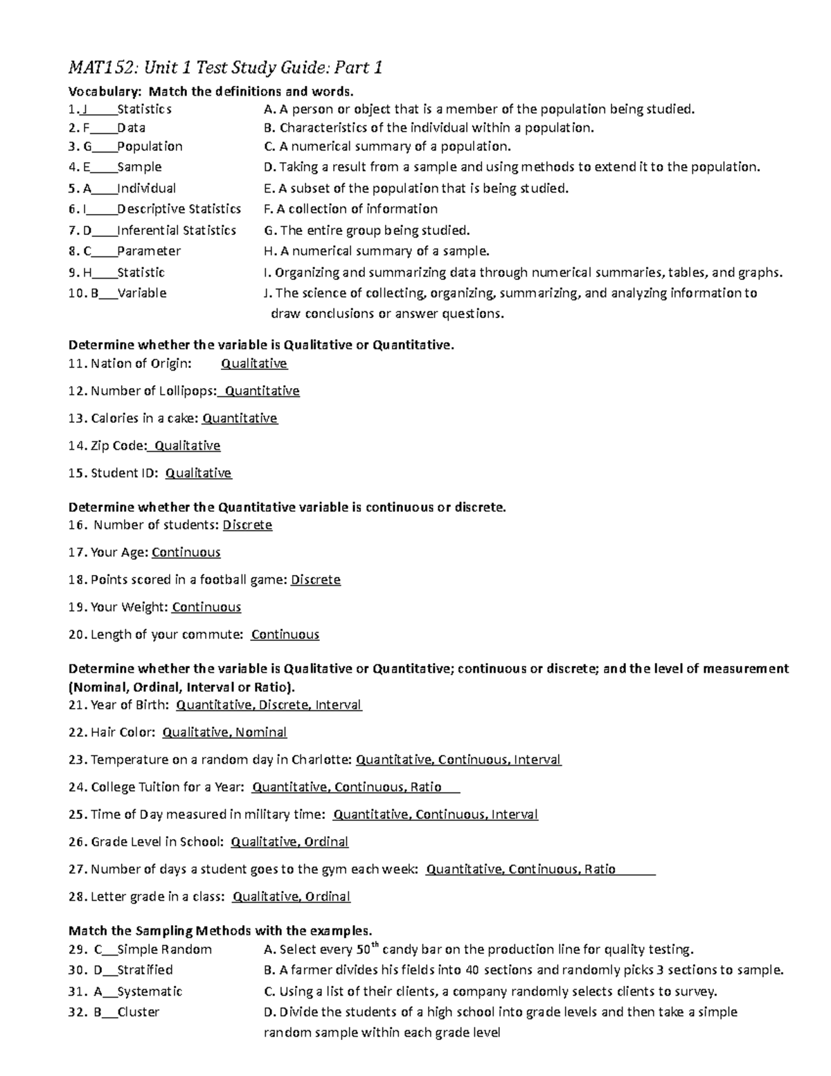 MAT152 Test 1 SG Part 1 ADA KEY - MAT152: Unit 1 Test Study Guide: Part ...