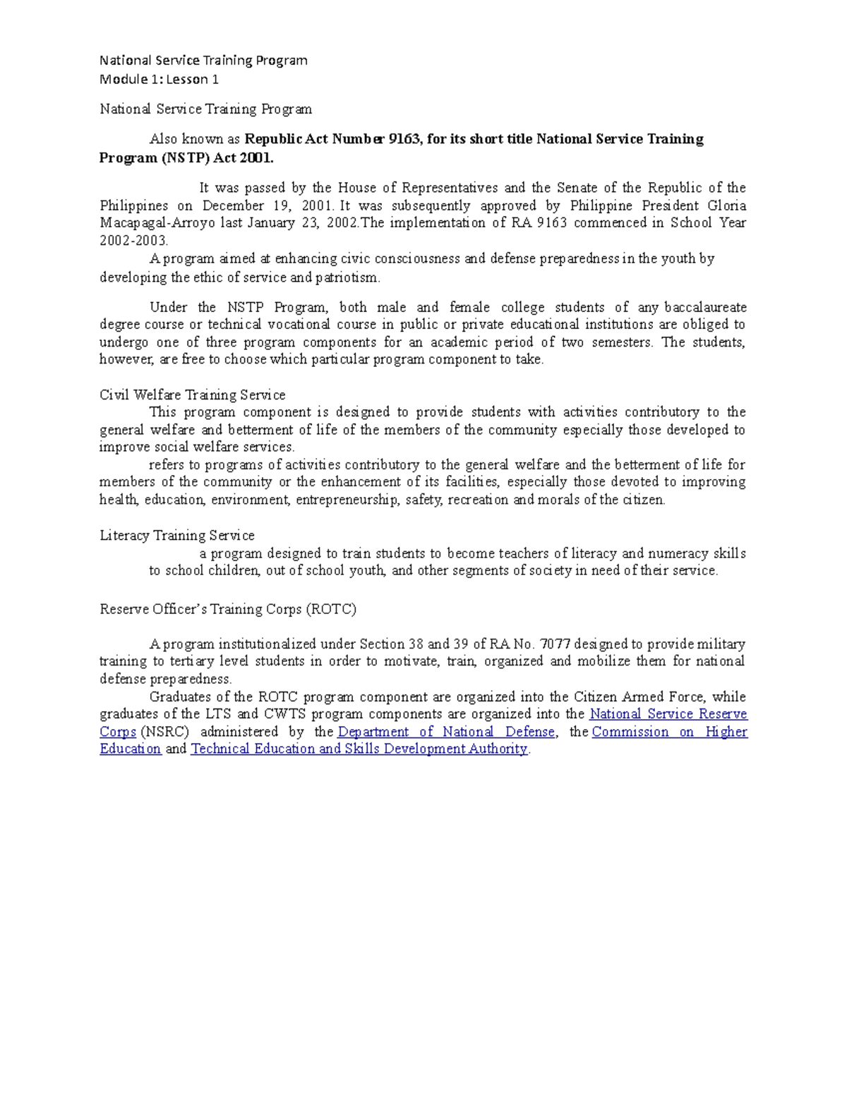 Nstp 1 - Kinds of NSTP components - National Service Training Program ...