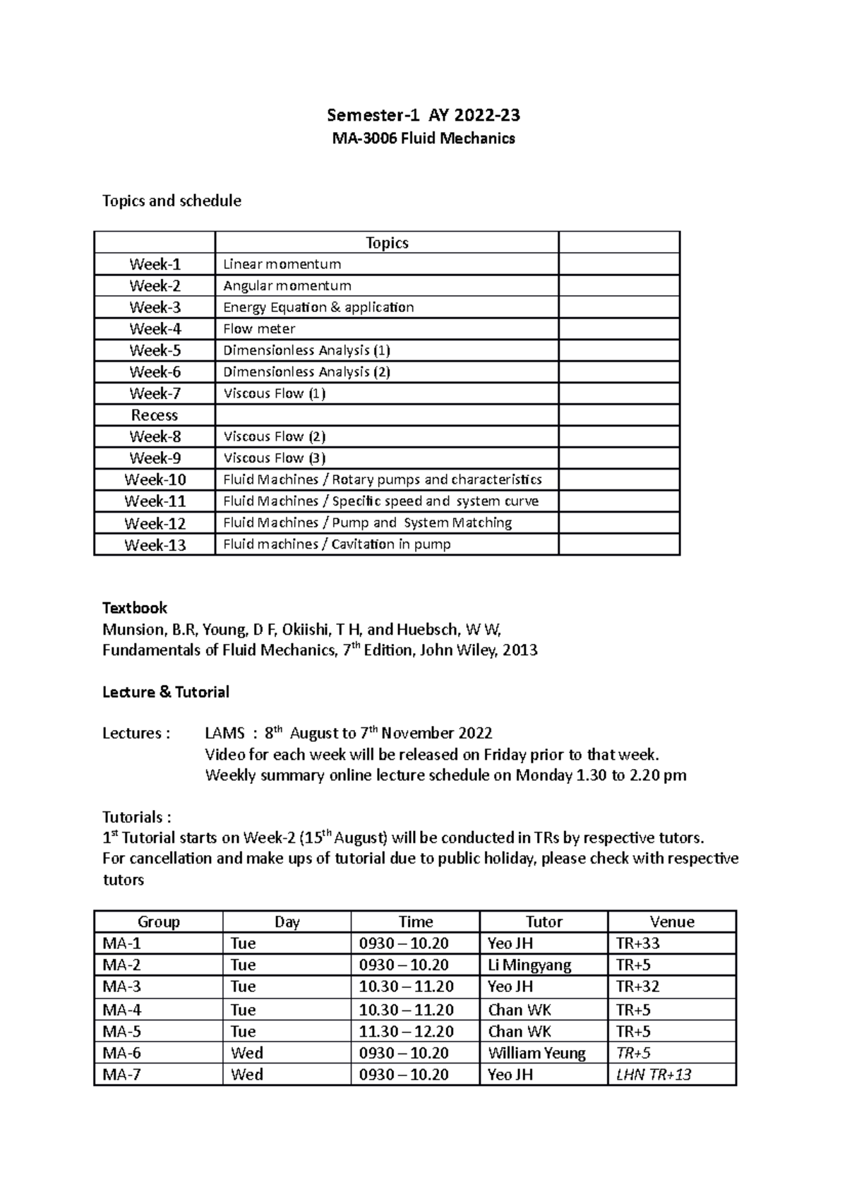 MA3006 Introduction - Course information - Semester-1 AY 2022- MA-3006 Fluid Mechanics Topics ...